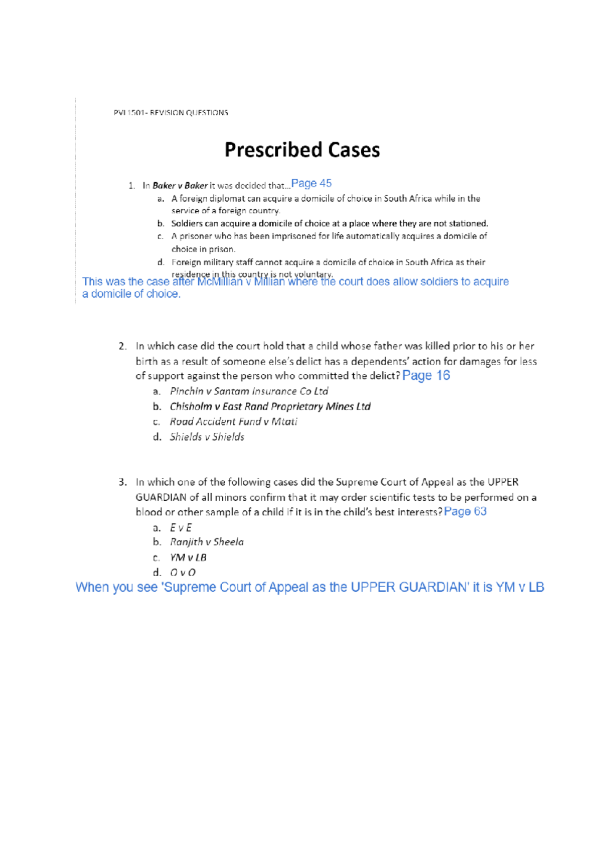 PVL1501 Cases - LLB - REVISION QUESTIONS Prescribed Cases 1. In Baker V ...