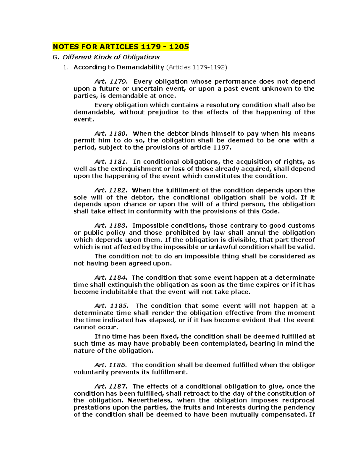 Oblicon 1179 - 1205 - Obligations on Contract notes. - NOTES FOR ...