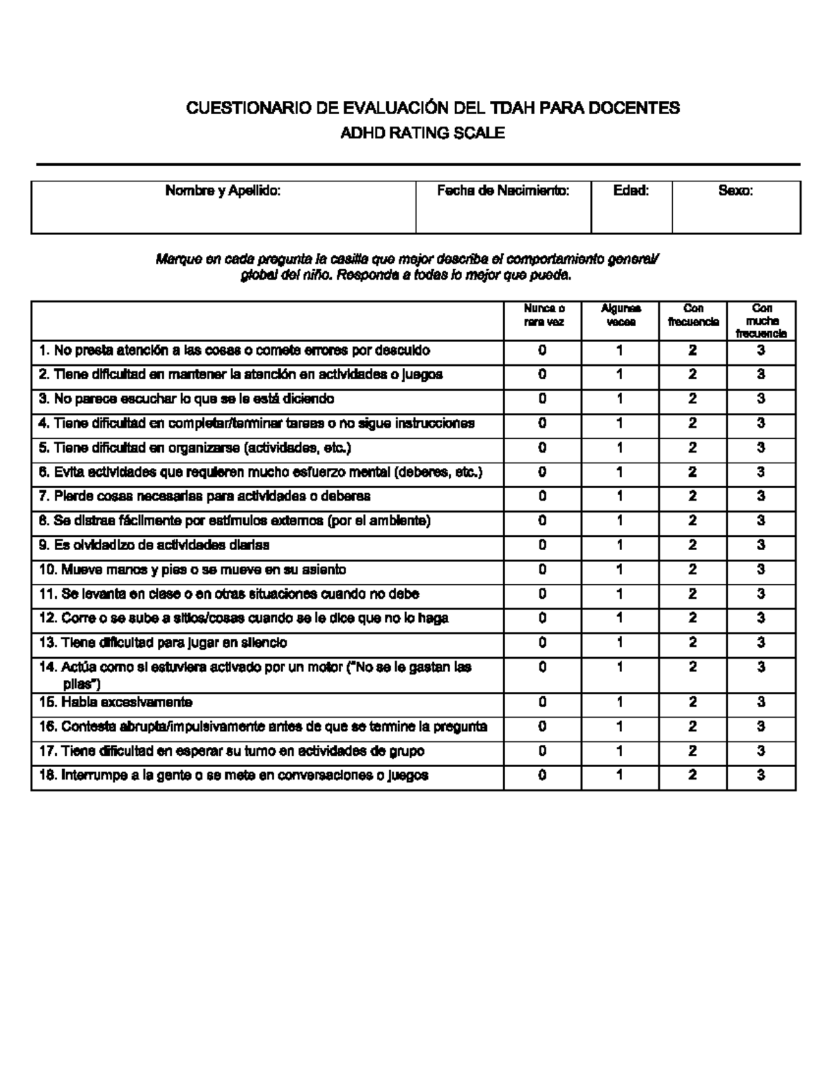 ADHD Rating Docente - adhd - CUESTIONARIO DE EVALUACIÓN DEL TDAH PARA ...