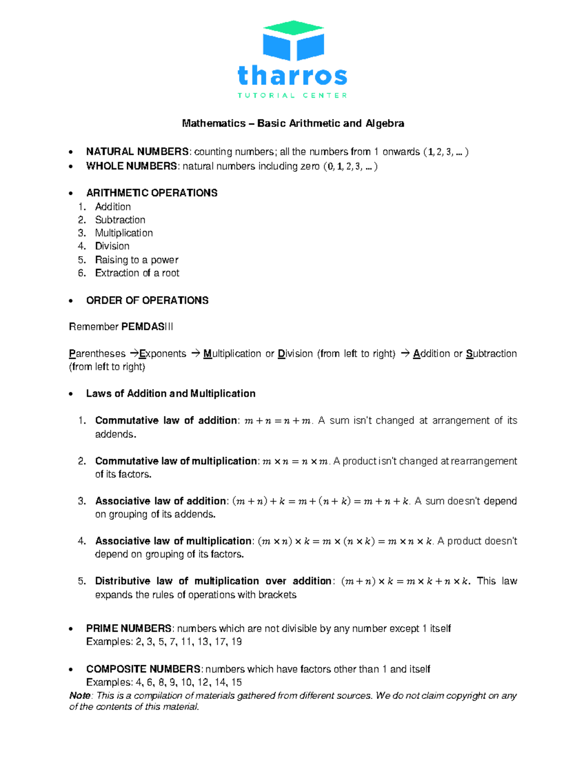 Mathematics 1 - Basic Arithmetic and Algebra - Note : This is a ...