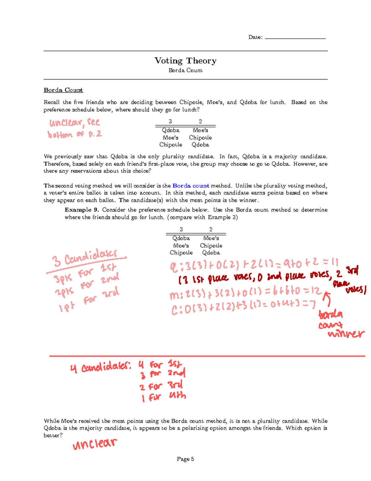 Borda Count PGS 5-6 - Date: Voting Theory Borda Count Borda Count ...