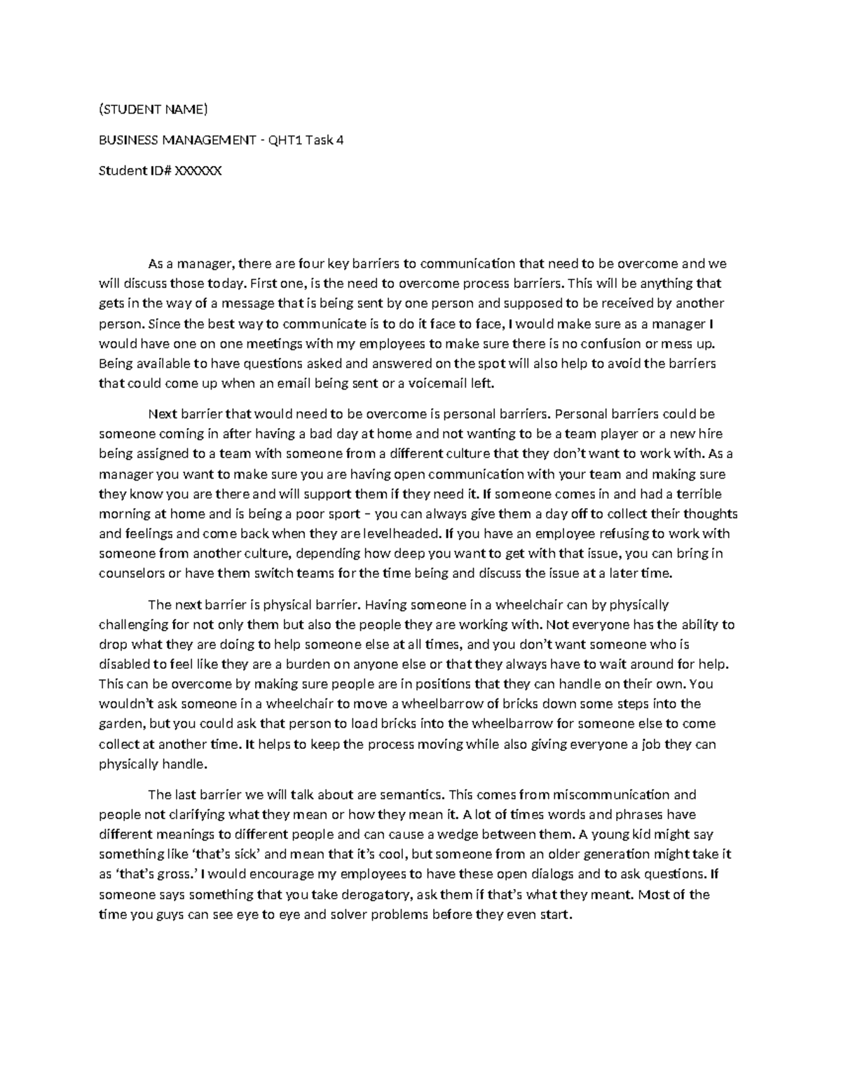 Business Management Tasks — QHT1 - TASK 4 - (STUDENT NAME) BUSINESS ...