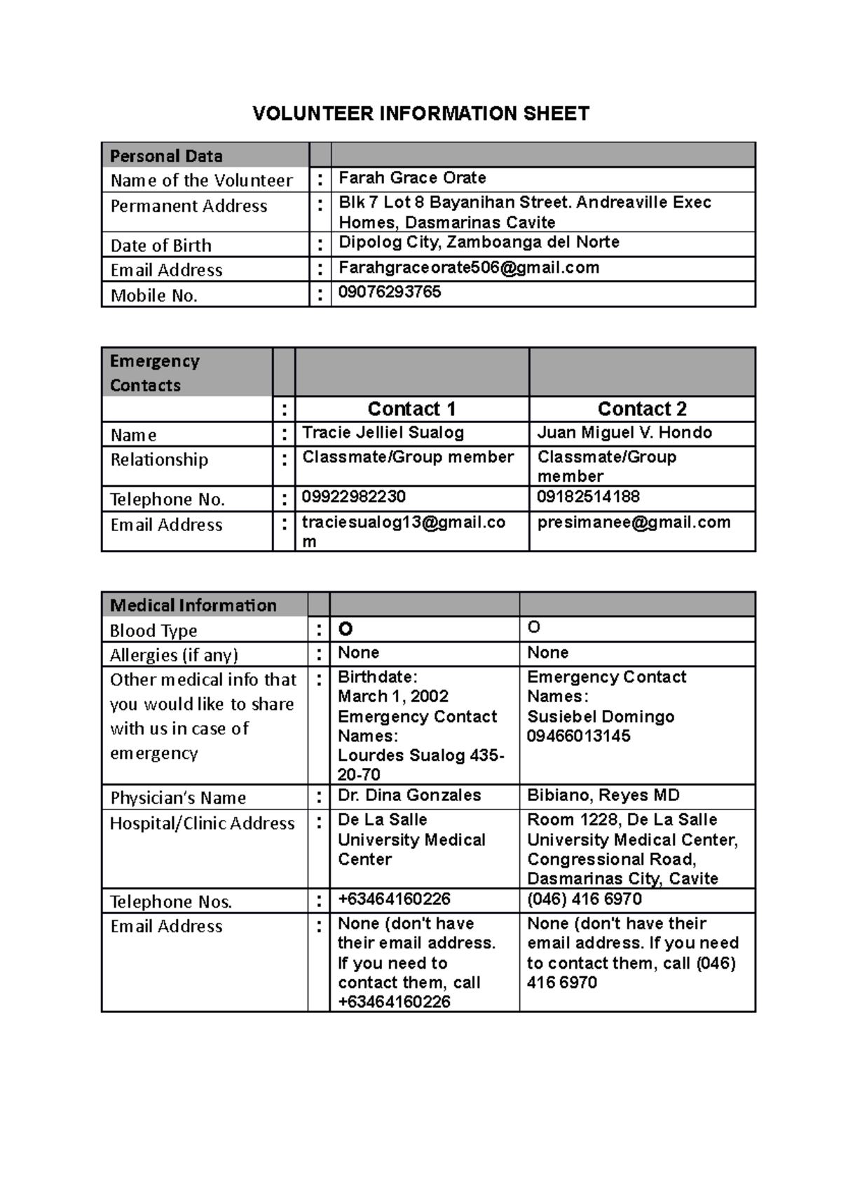 Volunteer Information Sheet - VOLUNTEER INFORMATION SHEET Personal Data ...