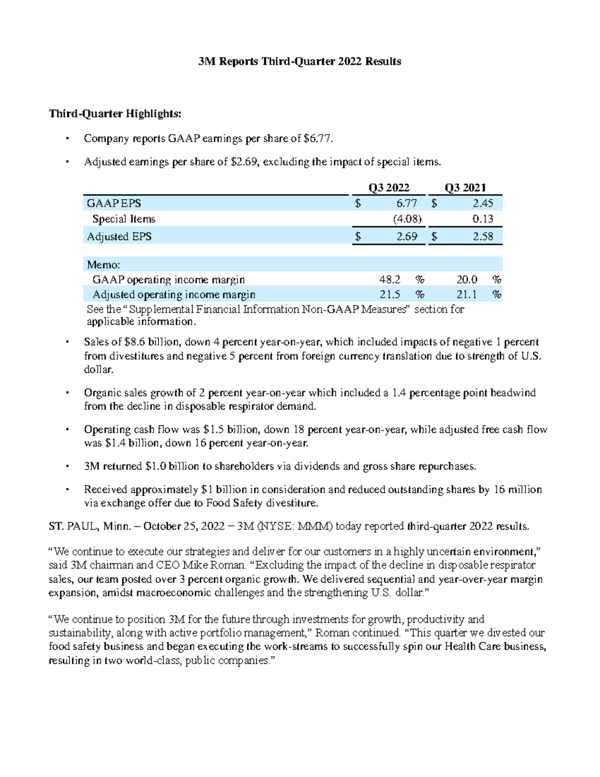 3m reports third quarter 2022 results vf - 3M Reports Third-Quarter ...