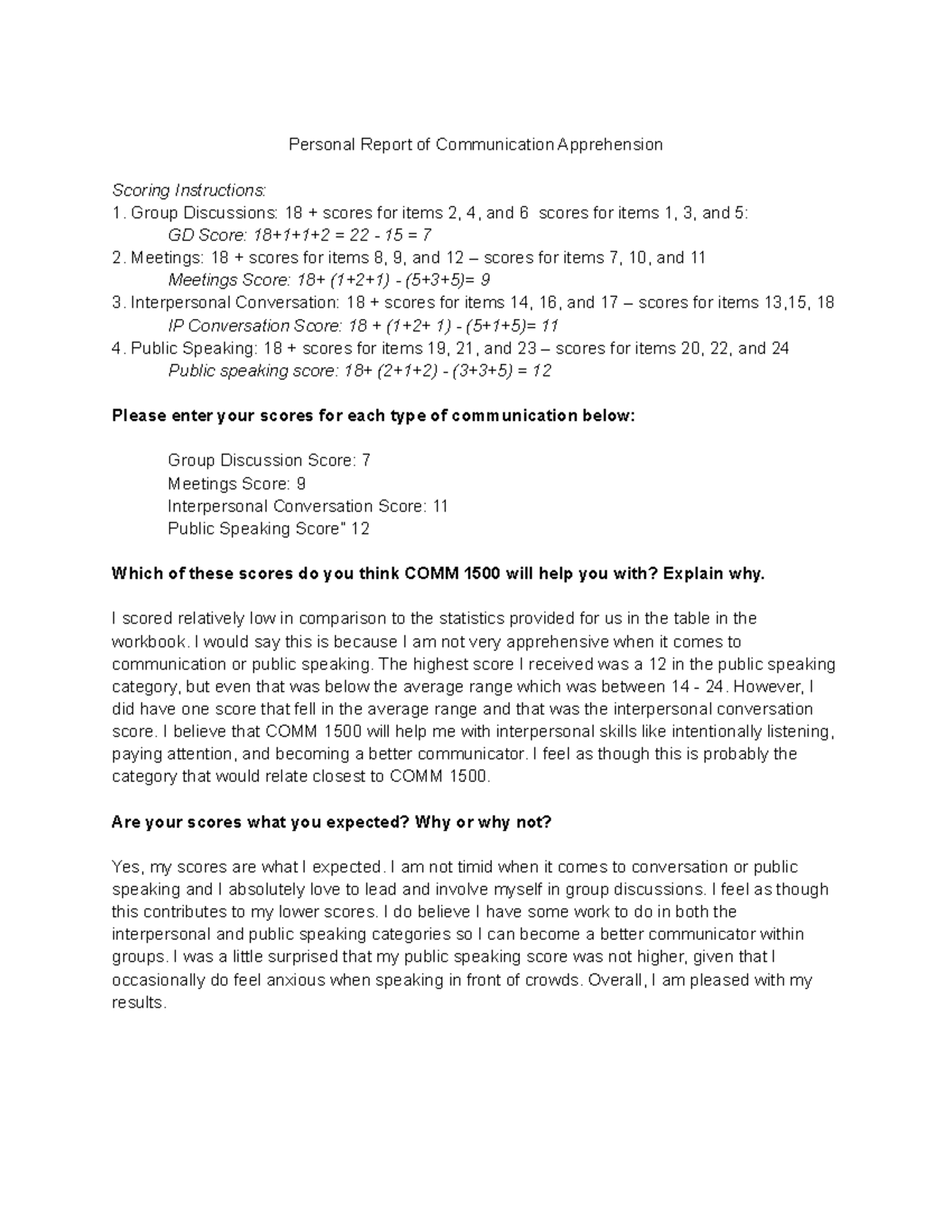 COMM1500 Personal Report of Communication Apprehension - Personal ...