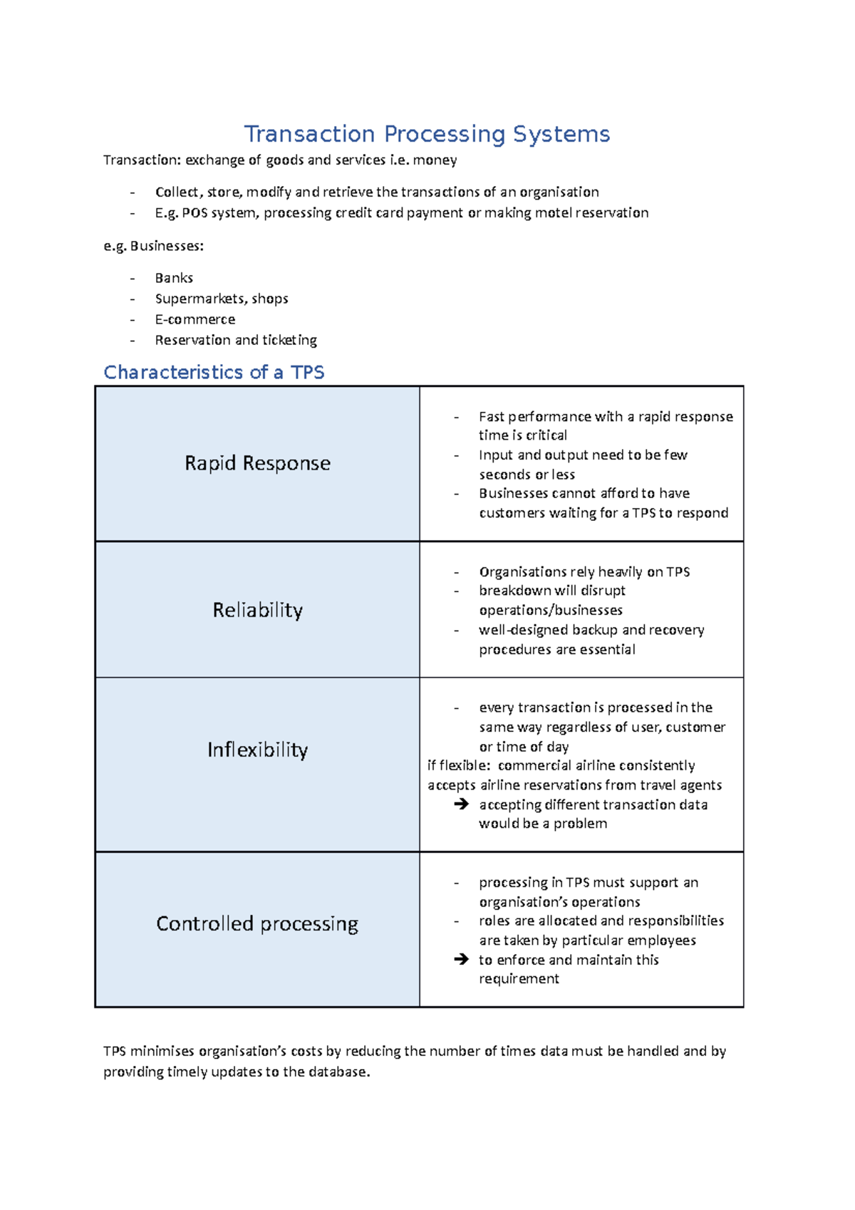 TPS notes - Transaction Processing Systems Transaction: exchange of ...