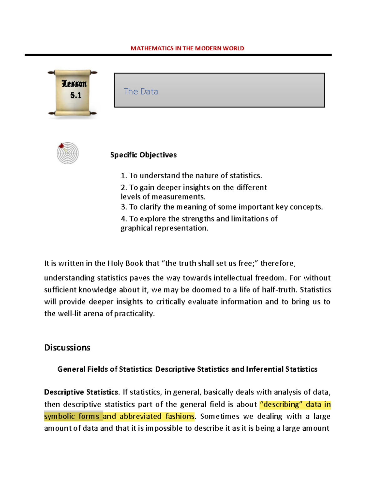 Lesson 5 - Lecture notes - MATHEMATICS IN THE MODERN WORLD Lesson The ...