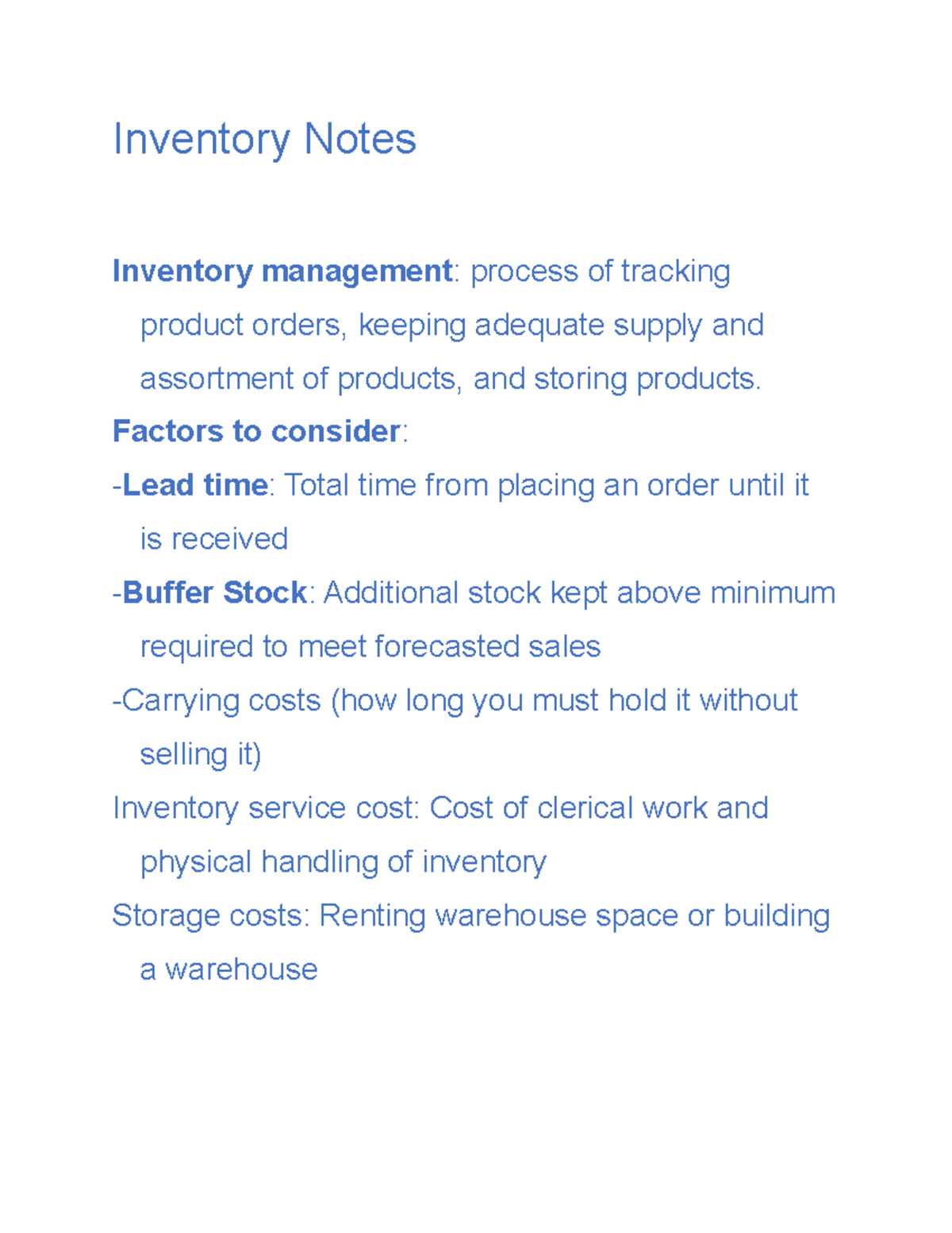 Inventory Notes - Inventory Notes Inventory management: process of ...