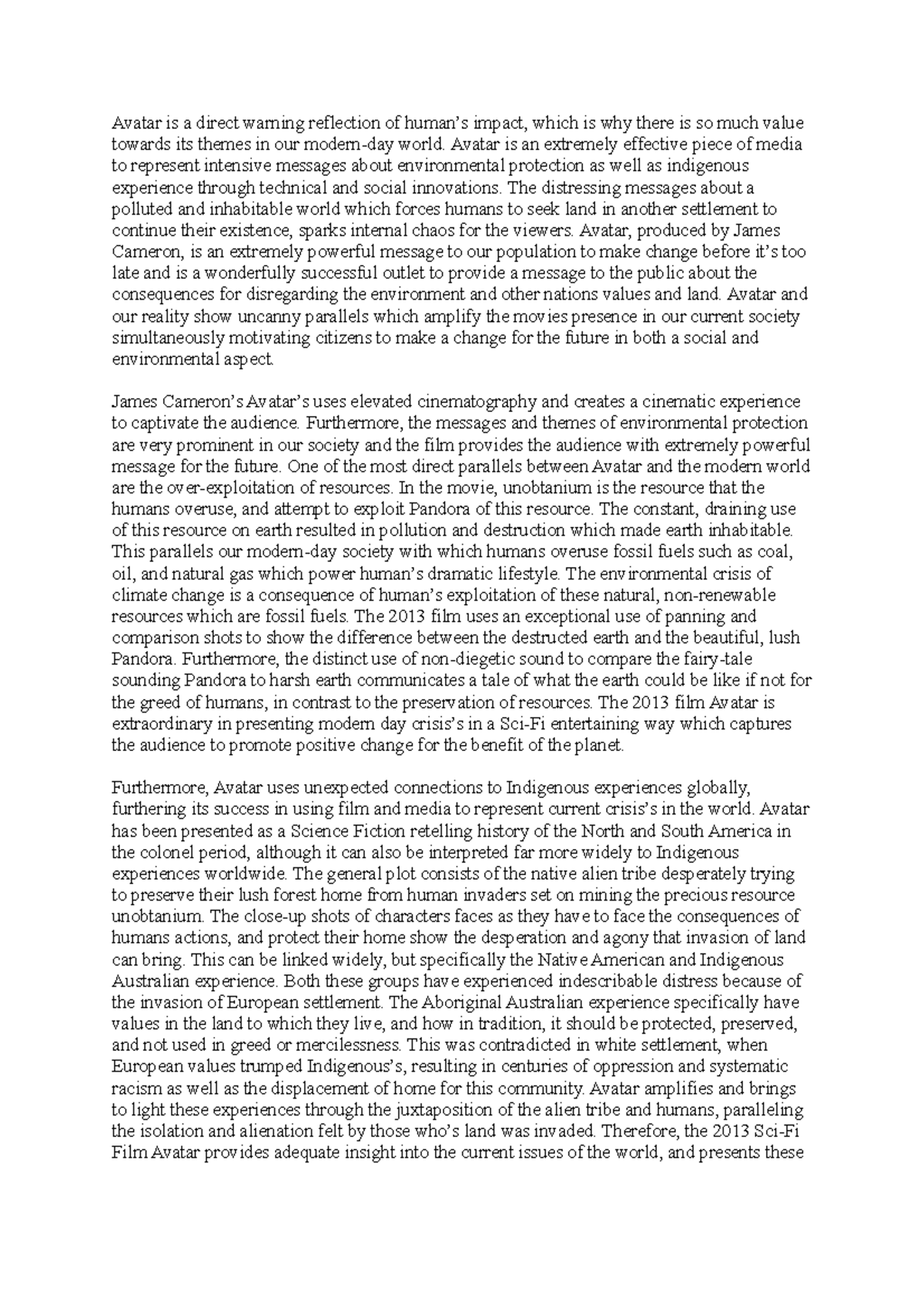 Avatar Analytical Essay - Studocu
