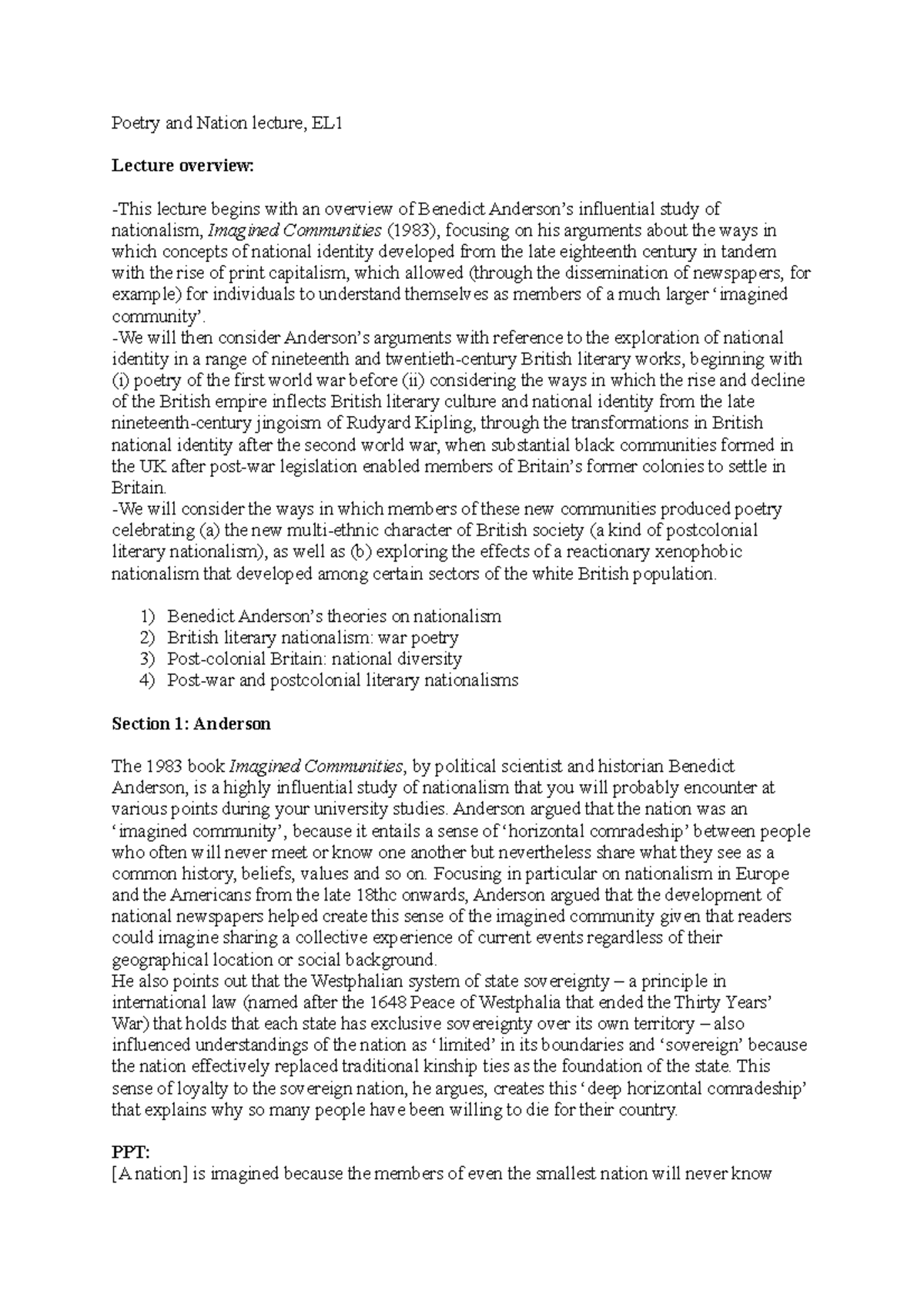 EL1:Poetry and Nation lecture script 2020-21 - Poetry and Nation ...