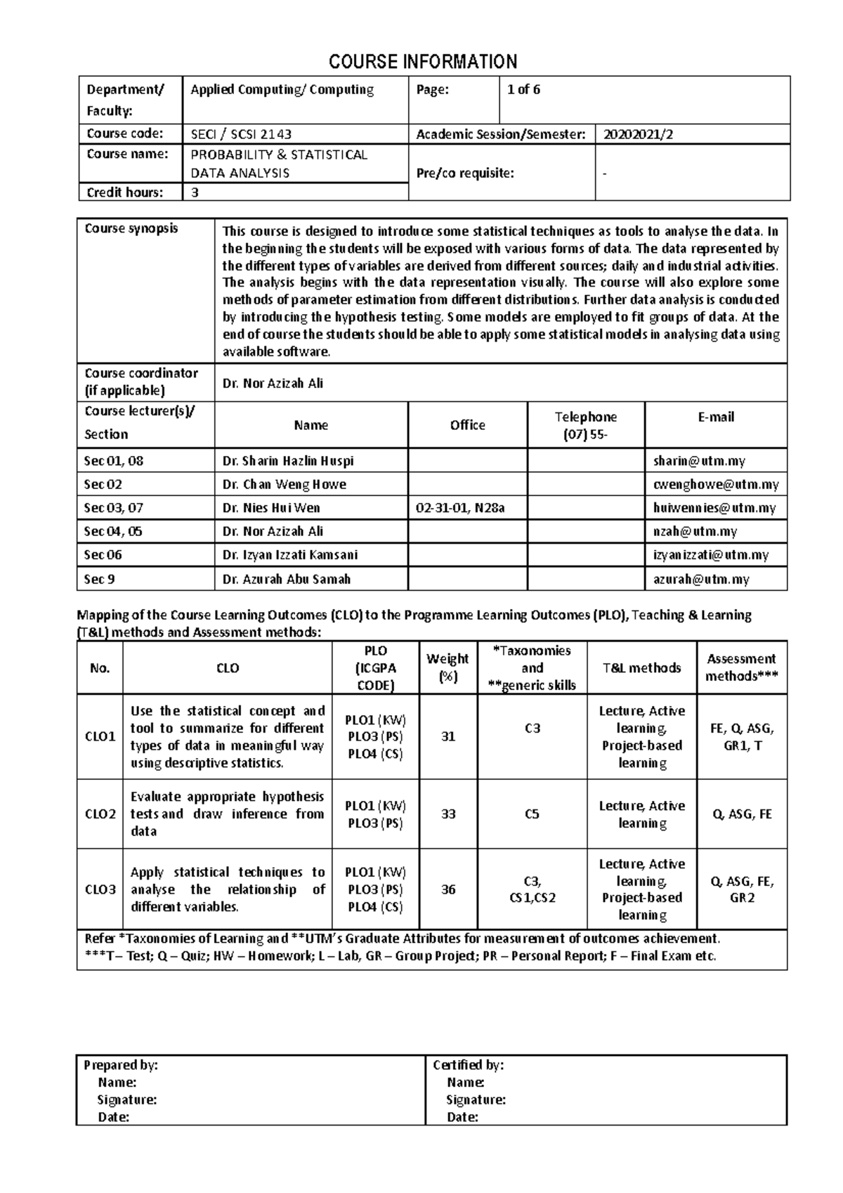 Course Information - COURSE INFORMATION Prepared by: Name: Signature ...