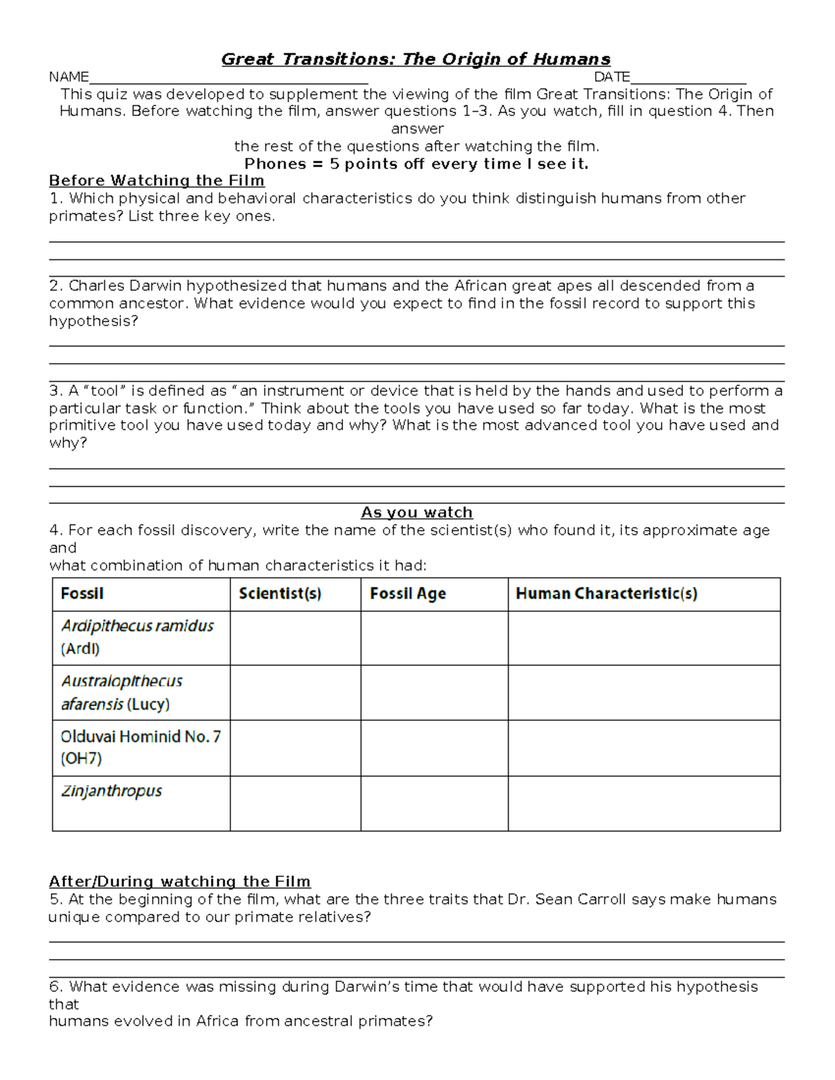 Great Transitions Assignment - Great Transitions: The Origin of Humans ...