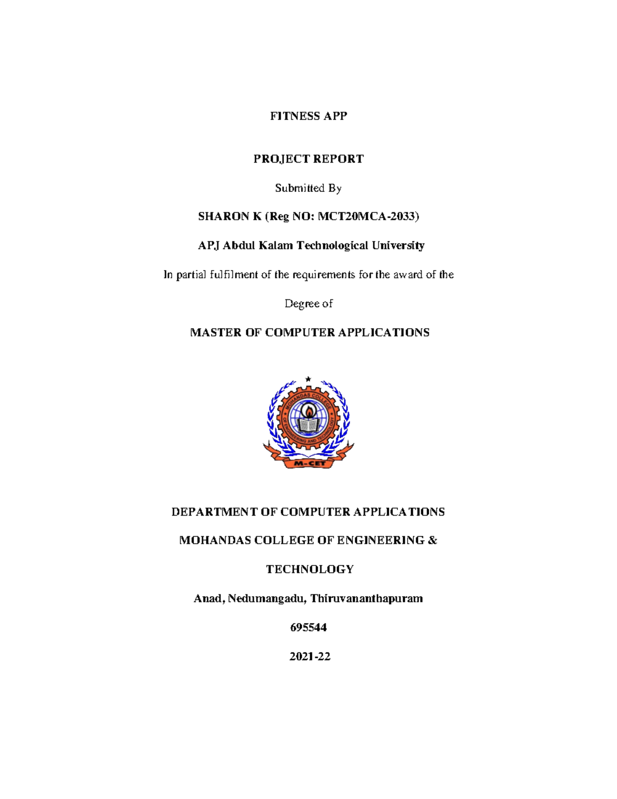 Firstpart - NOTES - FITNESS APP PROJECT REPORT Submitted By SHARON K ...