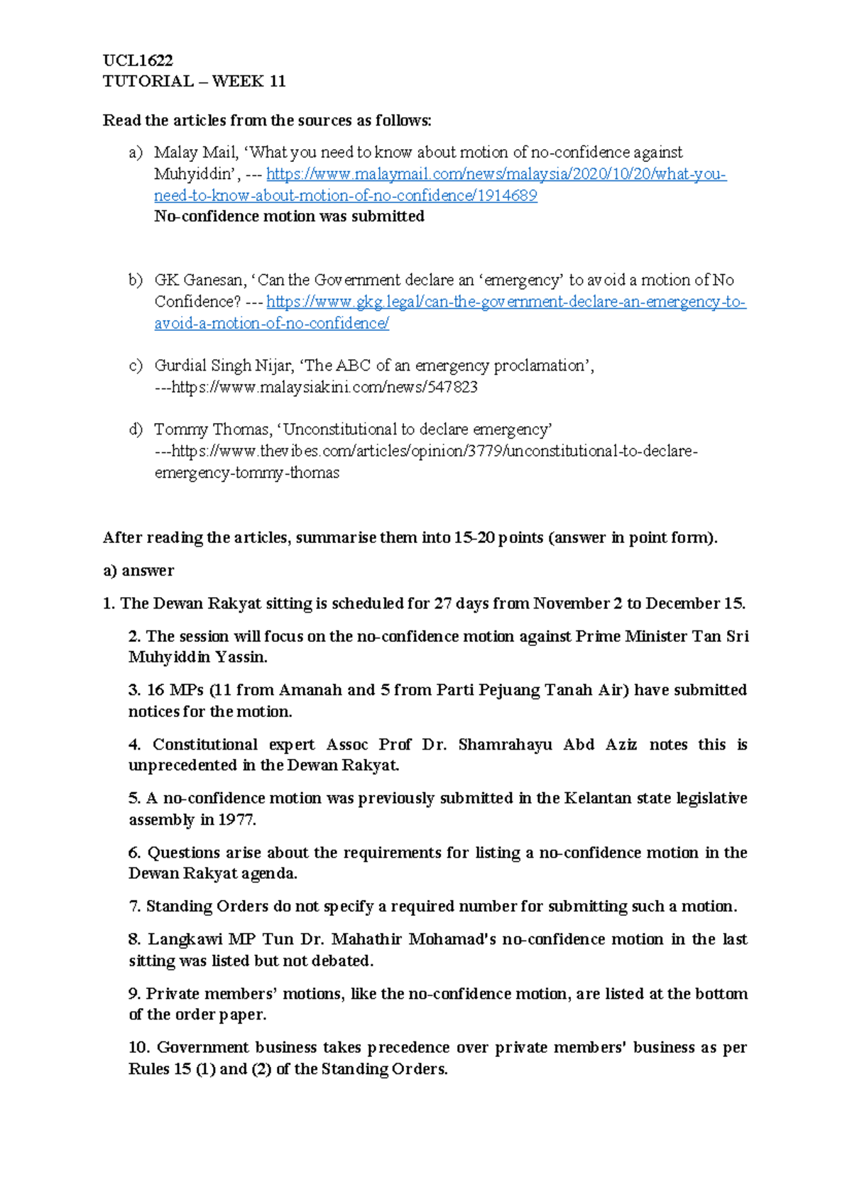 Week 11 Articles on Emergency Powers and Vote of No Confidence ...