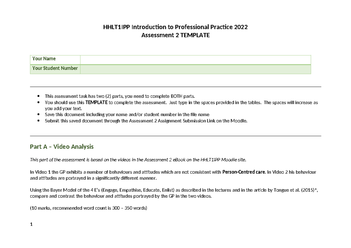 IPP Assessment 2 Template - HHLT1IPP Introduction to Professional ...