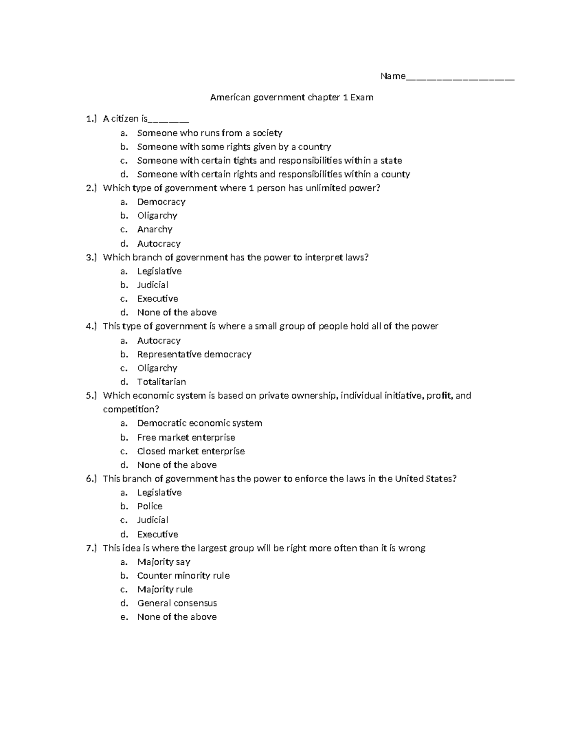 Chapter 1 Exam - Name_____________________ American government chapter ...