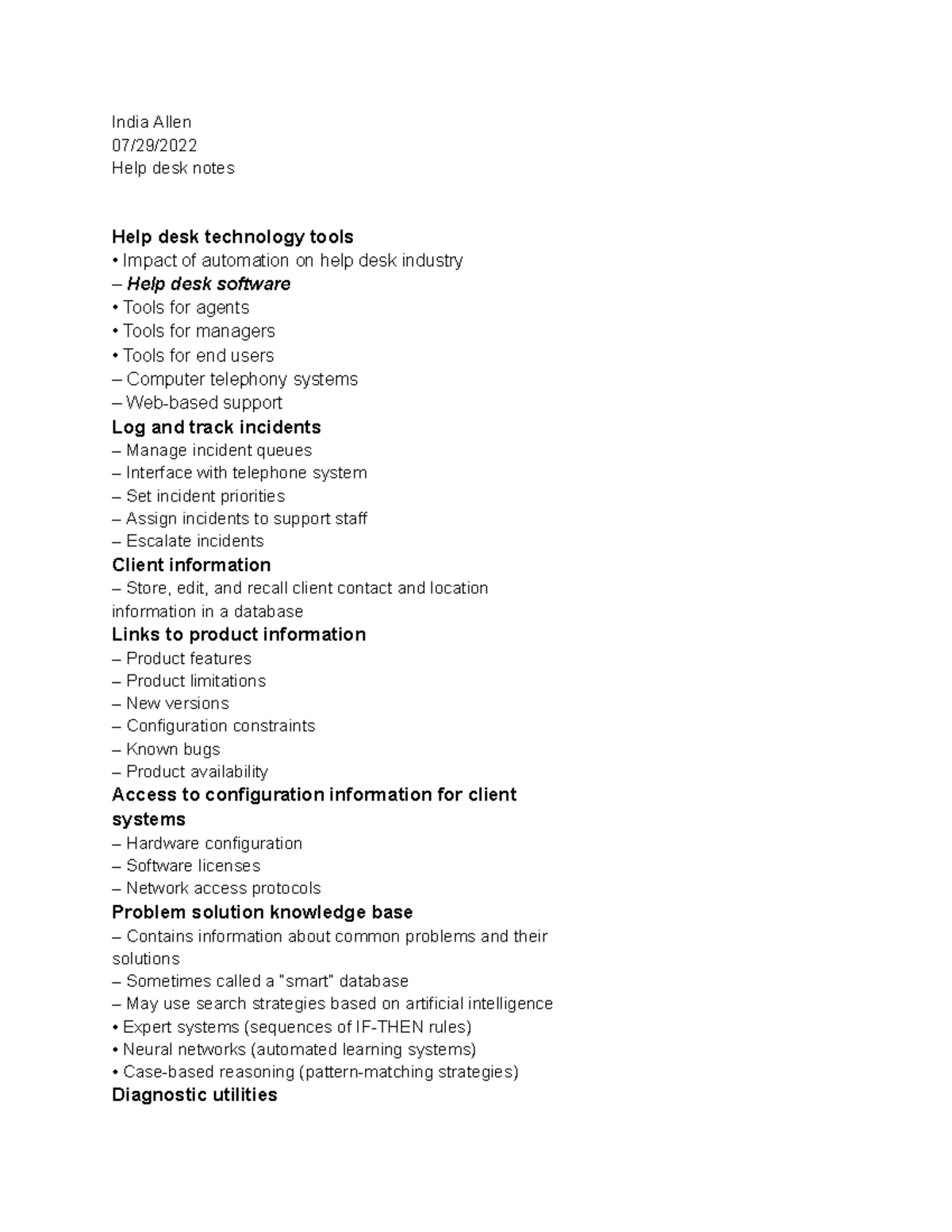 Help desk notes - India Allen 07/29/ Help desk notes Help desk ...