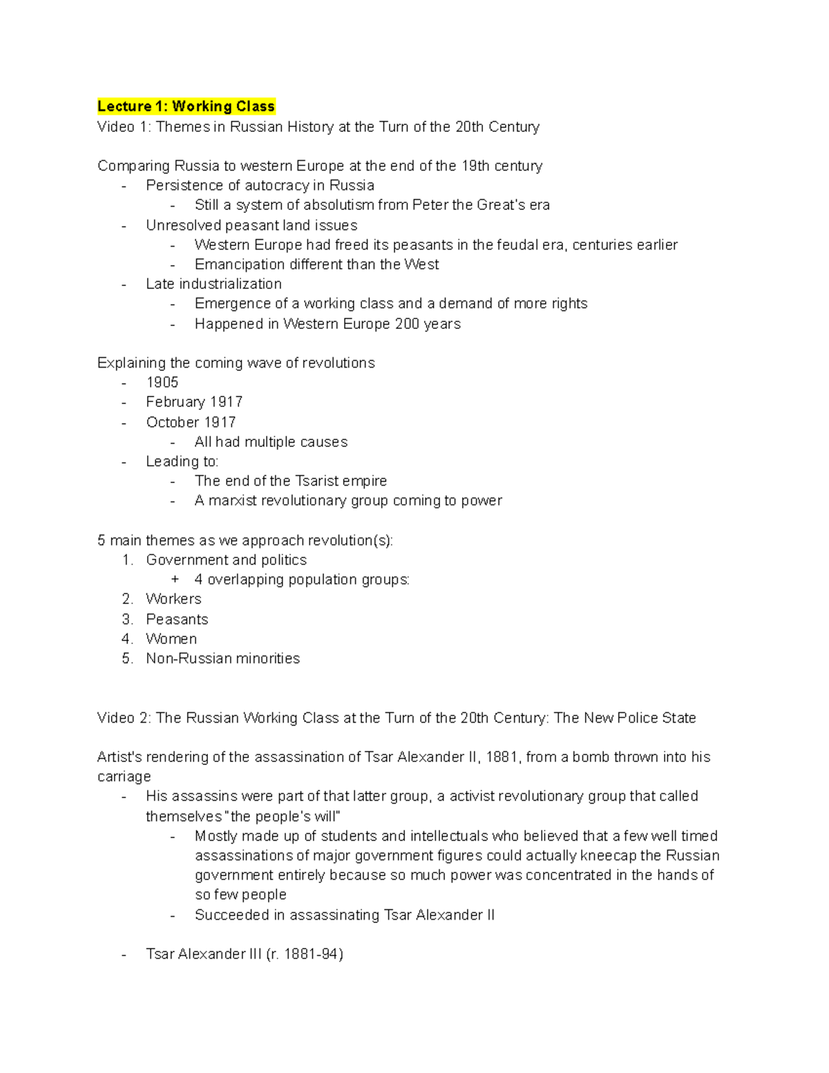 HIST2600 - Lecture 1 - Lecture 1: Working Class Video 1: Themes in ...