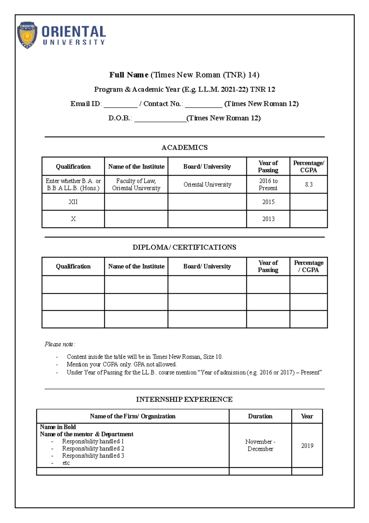 Sample CV - Full Name (Times New Roman (TNR) 14) Program & Academic ...