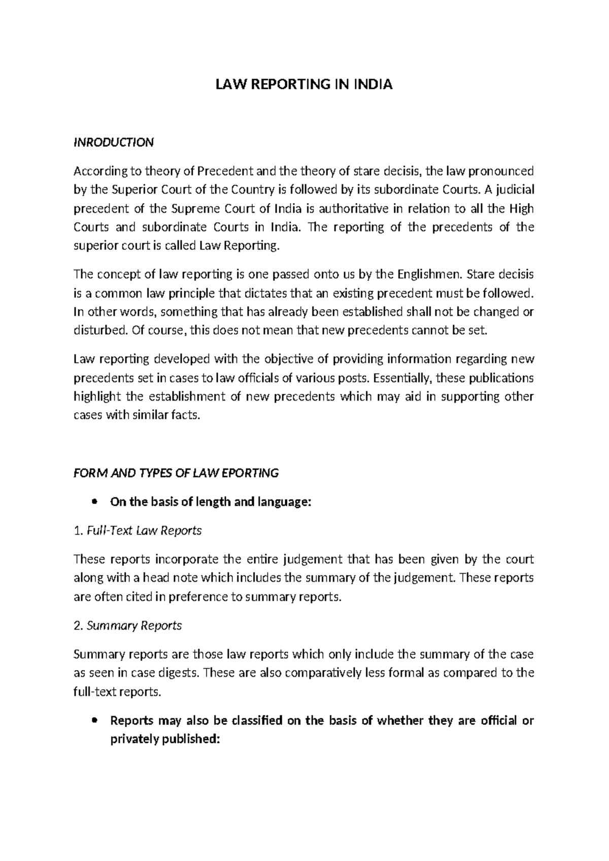 96475 1640147840 - Law reporting - LAW REPORTING IN INDIA INRODUCTION ...