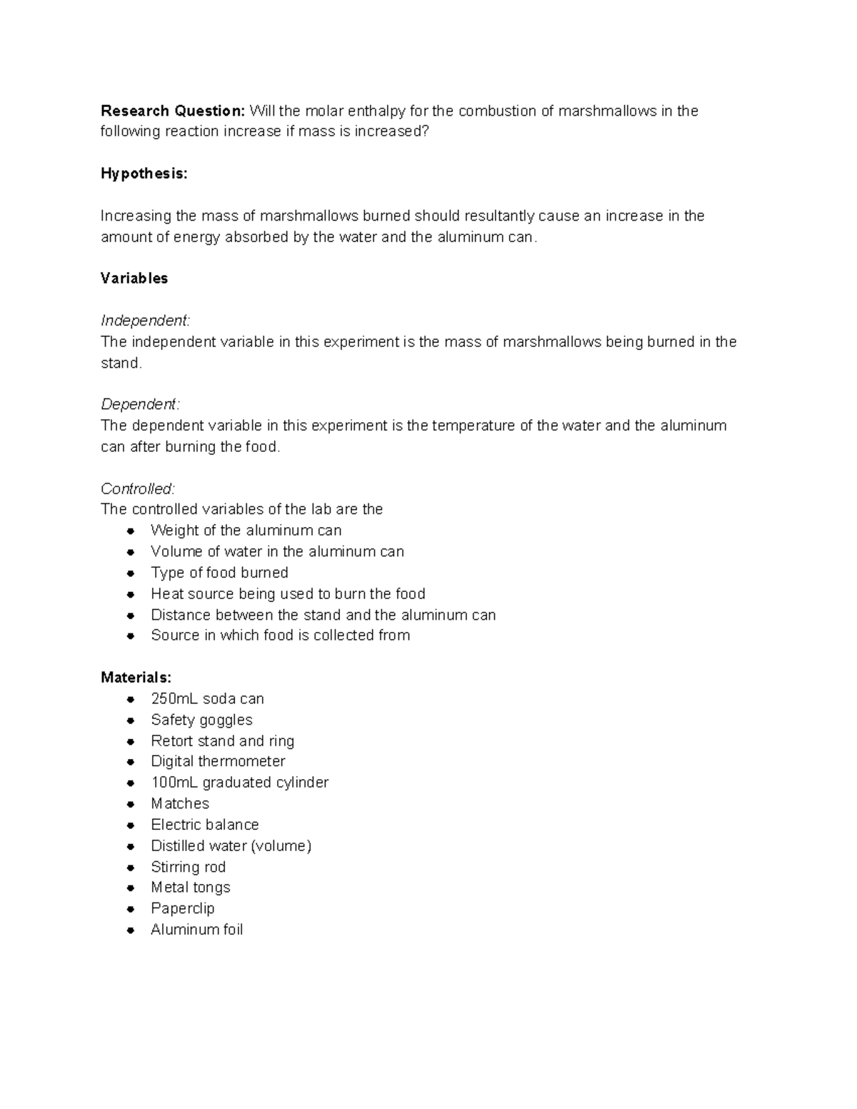 Chem 201 - Food Calorimetry Lab - Research Question: Will the molar ...