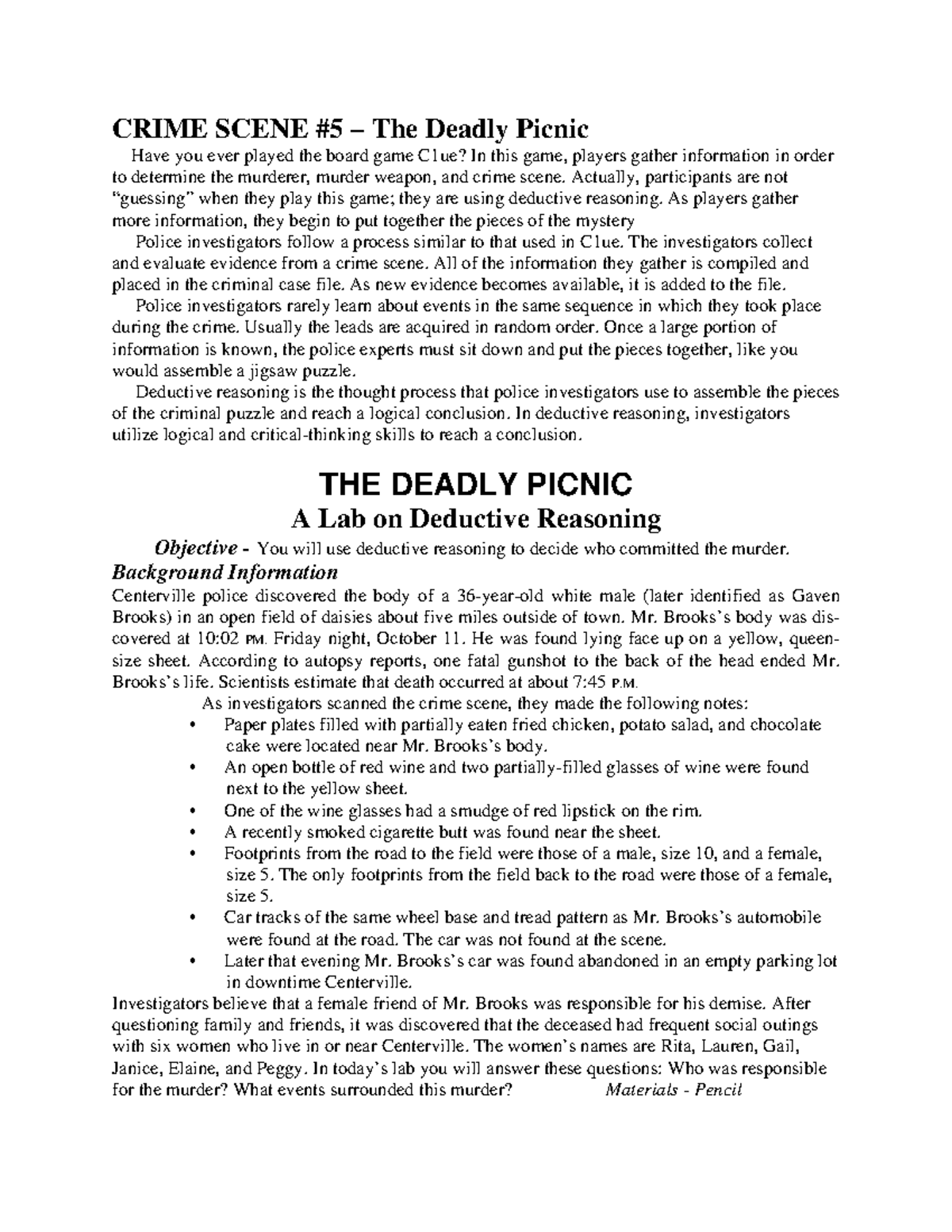 Deadly Picinic - Lab Activity - CRIME SCENE #5 – The Deadly Picnic Have ...