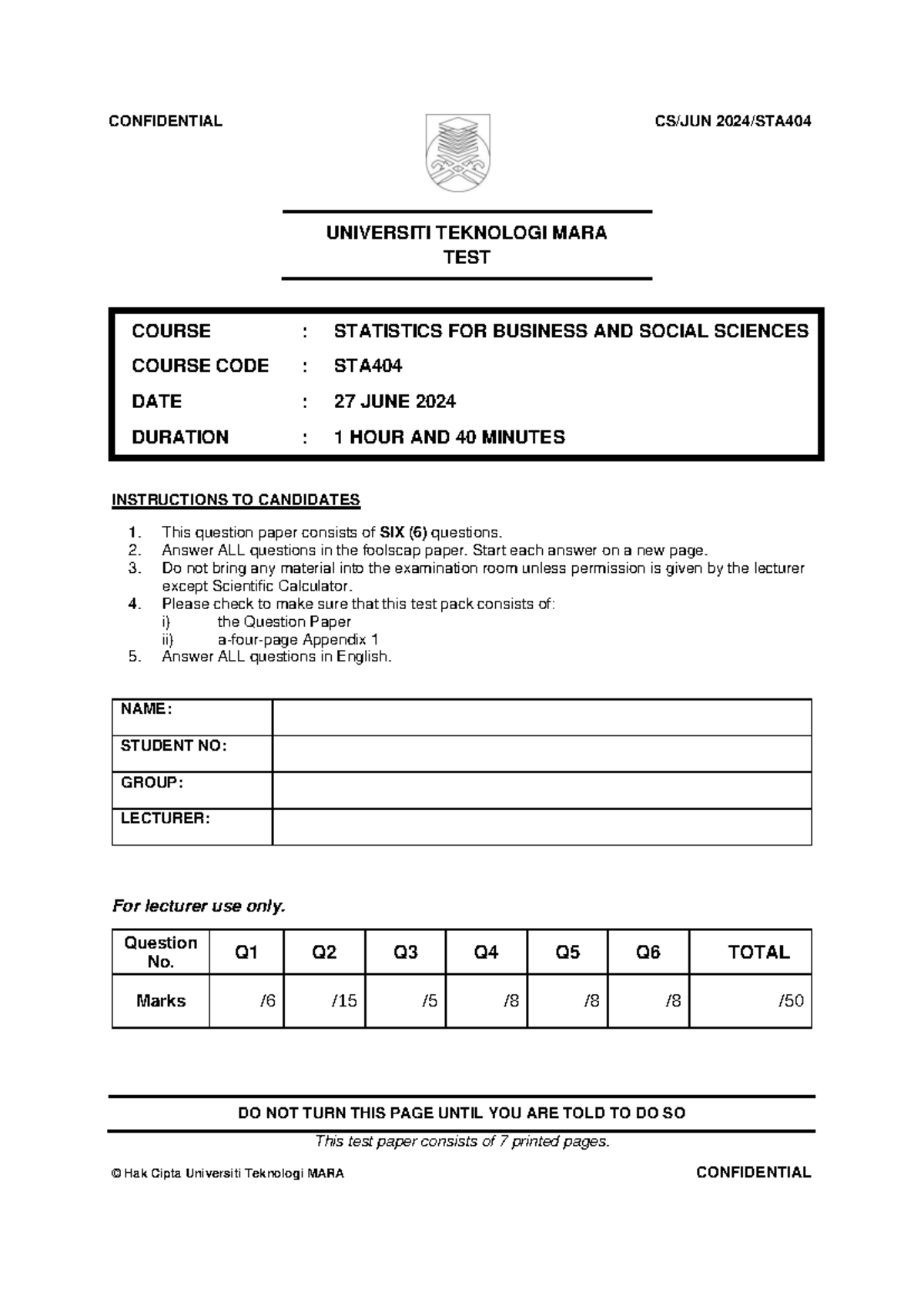 STA404 TEST JUN2024 27 - test - CONFIDENTIAL 1 CS/JUN 2024 /STA ...