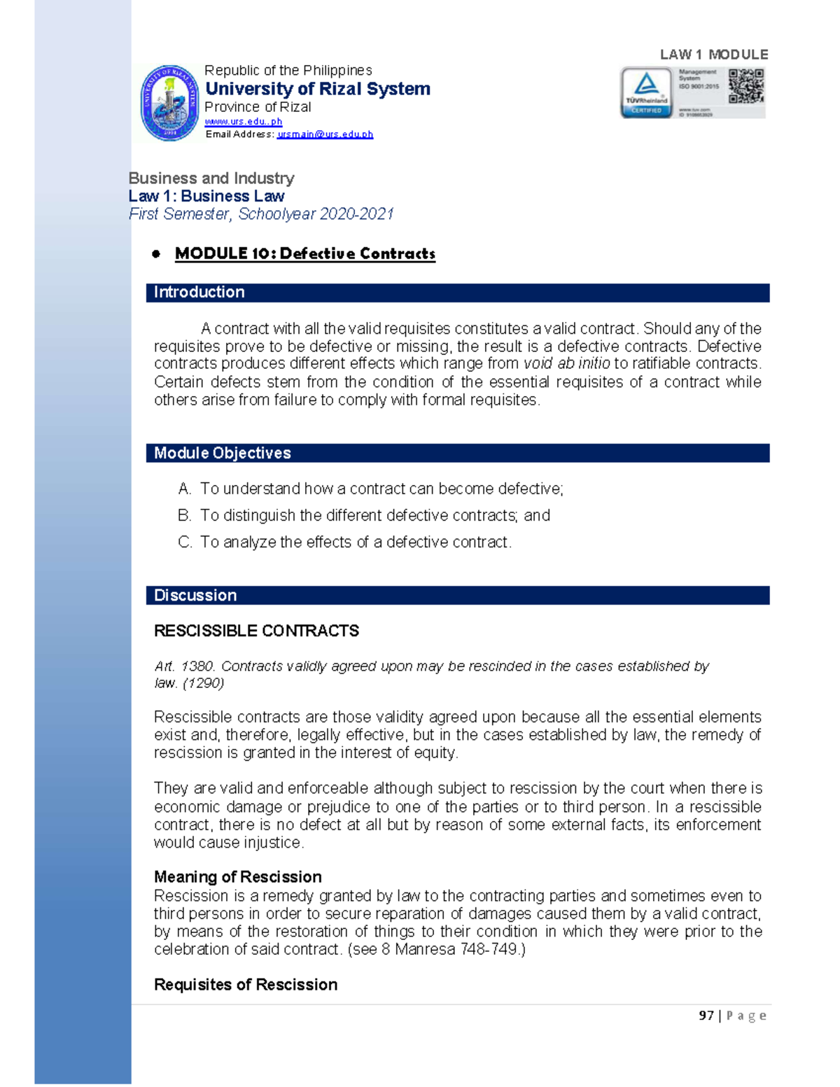 Module 10 Defective Contracts - Republic of the Philippines University of Rizal System Province ...