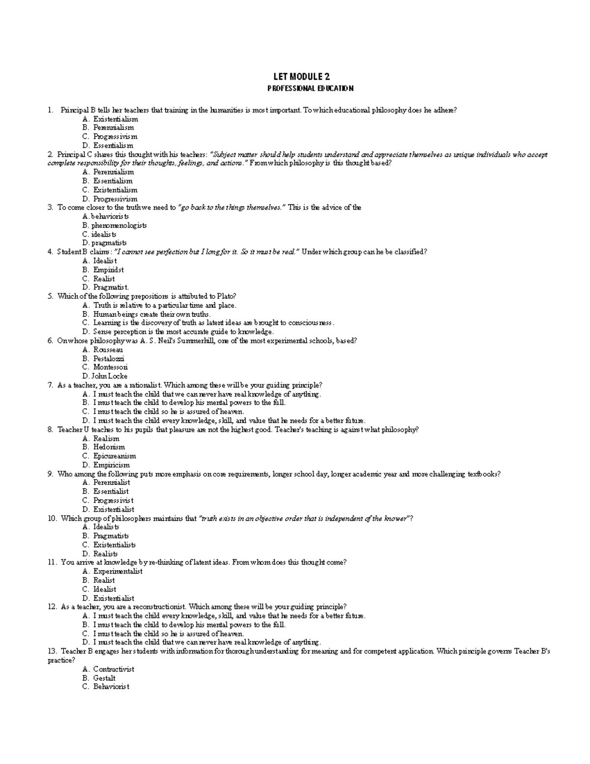 LET Module 2 - Gen Ed - LET MODULE 2 PROFESSIONAL EDUCATION Principal B ...