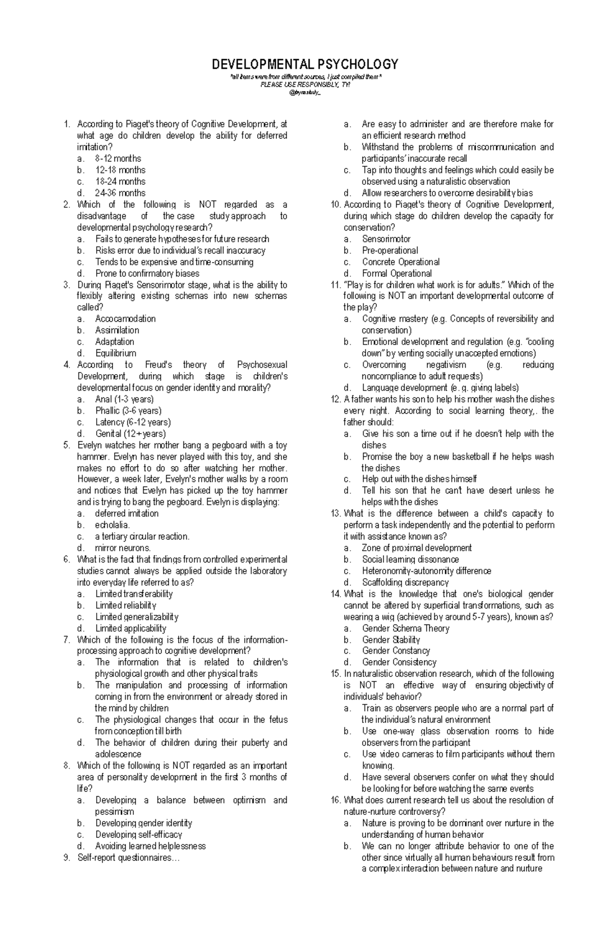 DEVP- Practice TEST - DEVELOPMENTAL PSYCHOLOGY all items were from ...