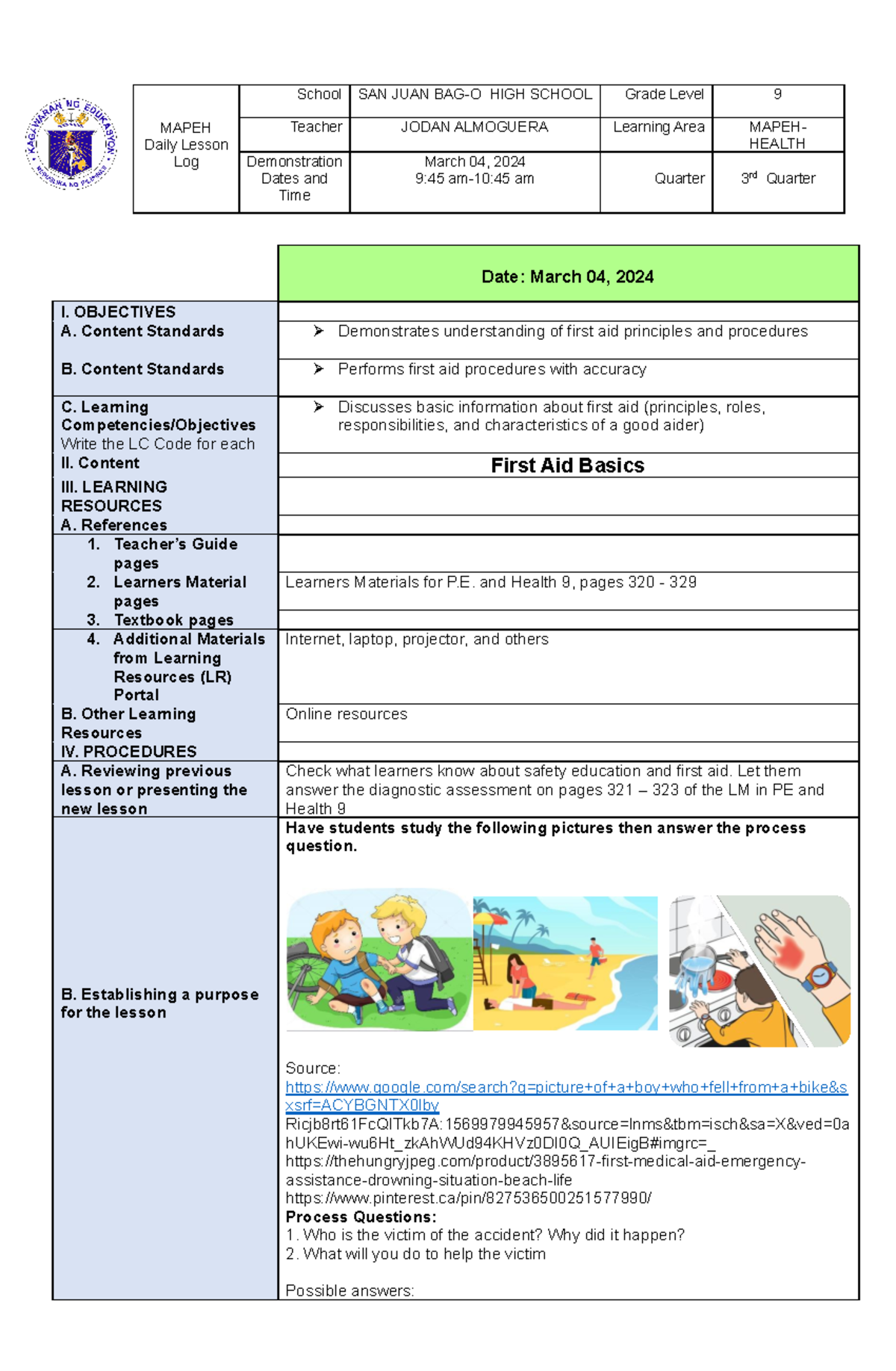 Firstaid-lp - MAPEH Daily Lesson Log School SAN JUAN BAG-O HIGH SCHOOL ...