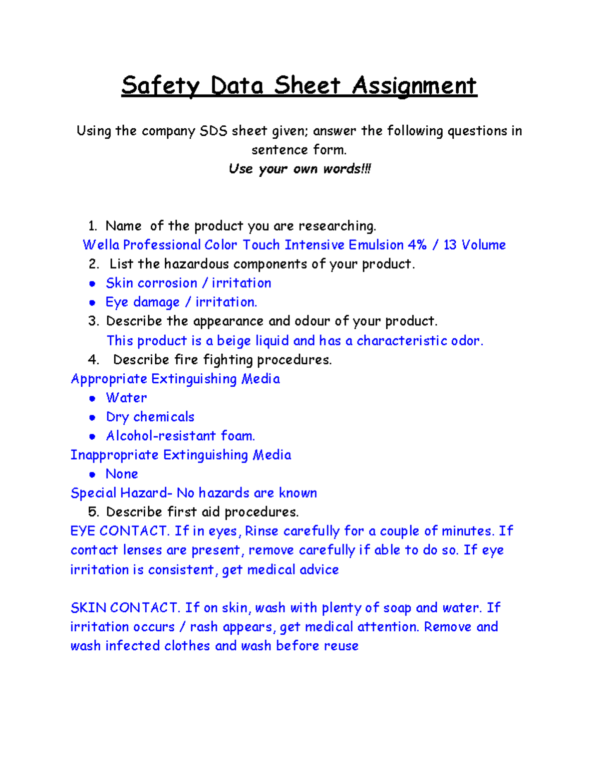 SDS Sheet Assignment - Safety Data Sheet Assignment Using the company ...