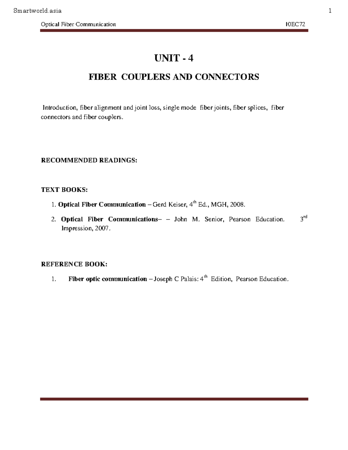ECE-VII- Optical Fiber Communication U4 - Optical Fiber Communication ...