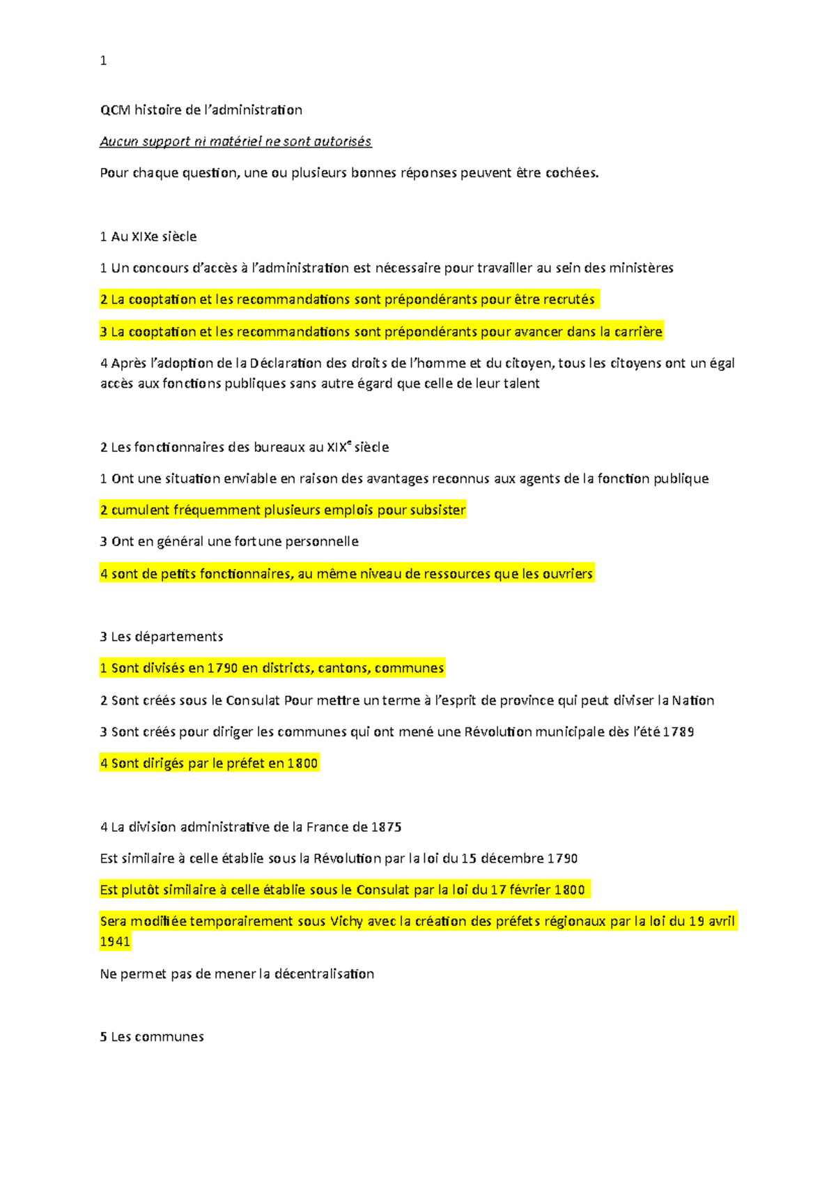 Correction QCM histoire de l administration 2022 1ere session - QCM histoire de l’administration ...