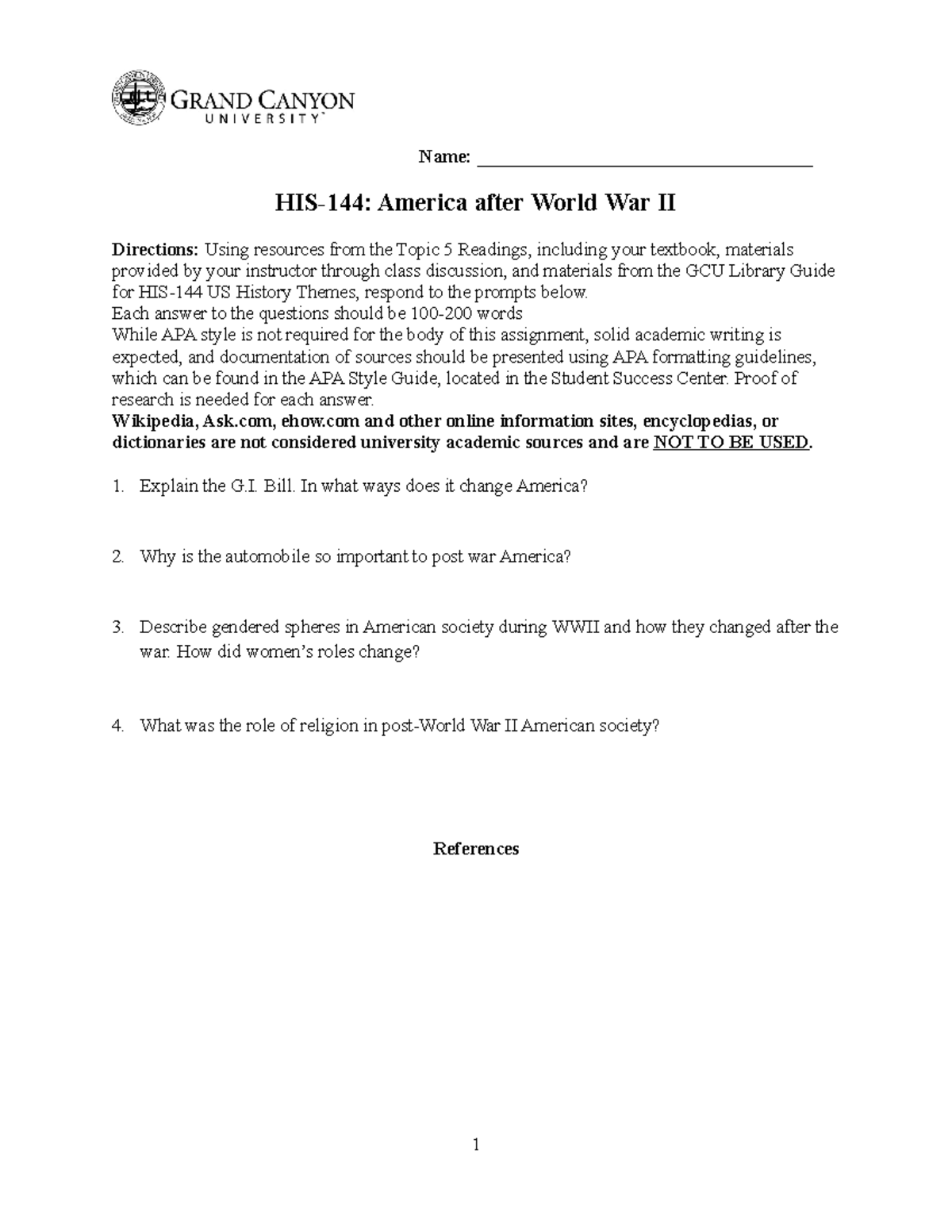 America after WWII - his 144 - Name ...