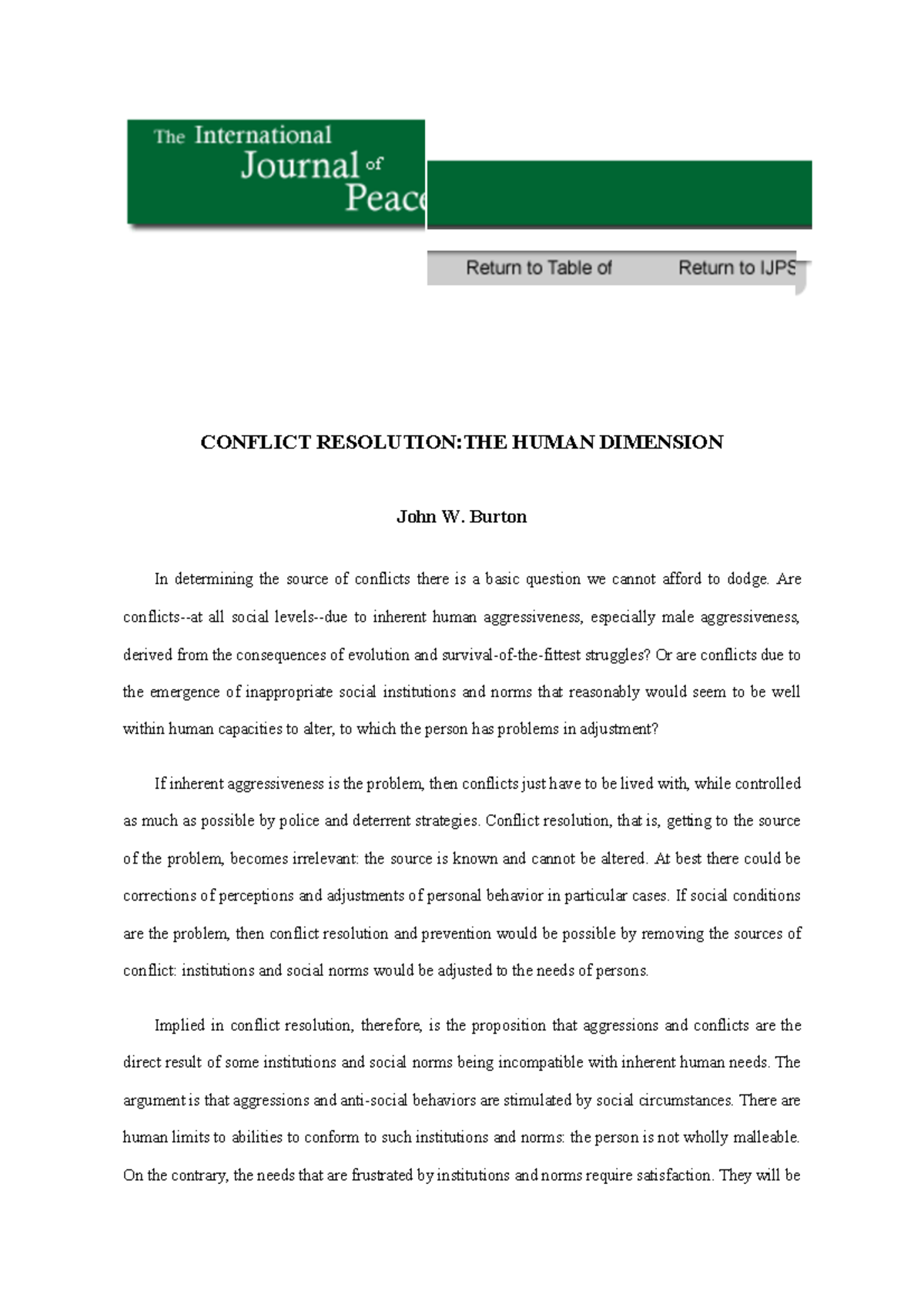 Conflict Resolution- john burton - CONFLICT RESOLUTION:THE HUMAN ...