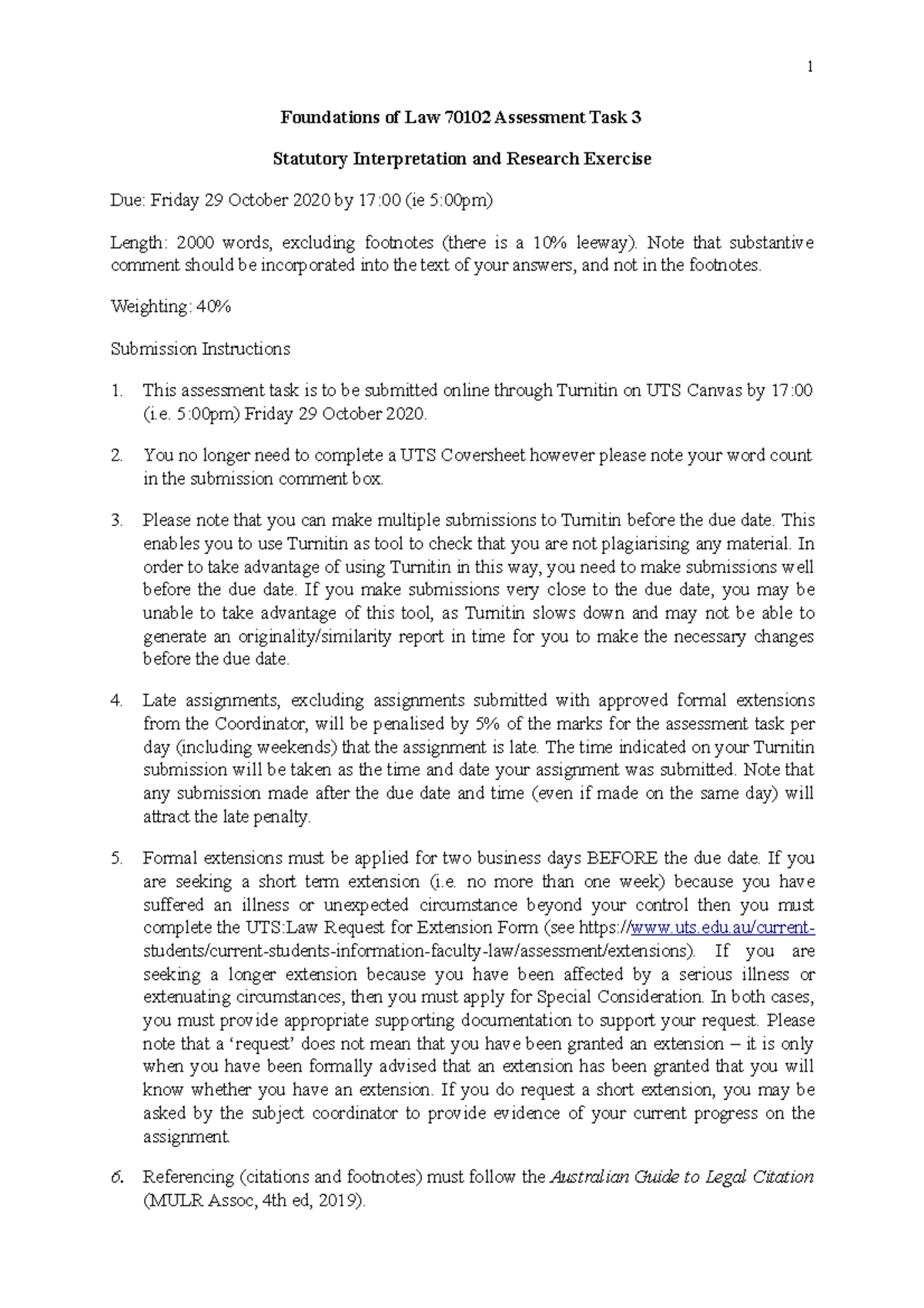 Statutory Interpretation Assessment Outline - 1 Foundations of Law ...
