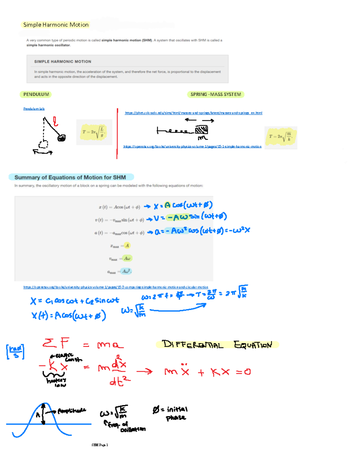 Simple Harmonic Motion - PENDULUM SPRING -MASS SYSTEM Pendulum Lab ...