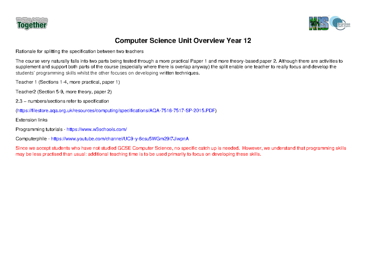 Computer Science Unit Overview Year 12 - Although there are activities ...