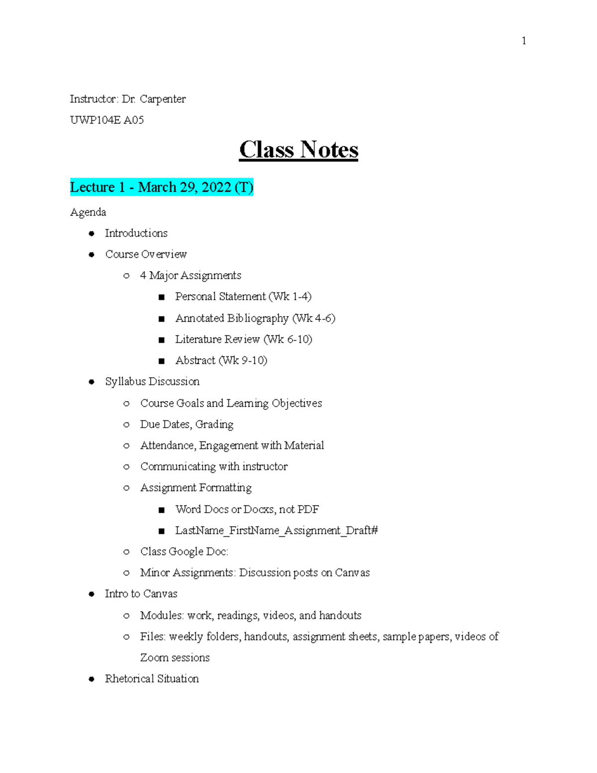 UWP 104 E Notes - Instructor: Dr. Carpenter UWP104E A Class Notes ...