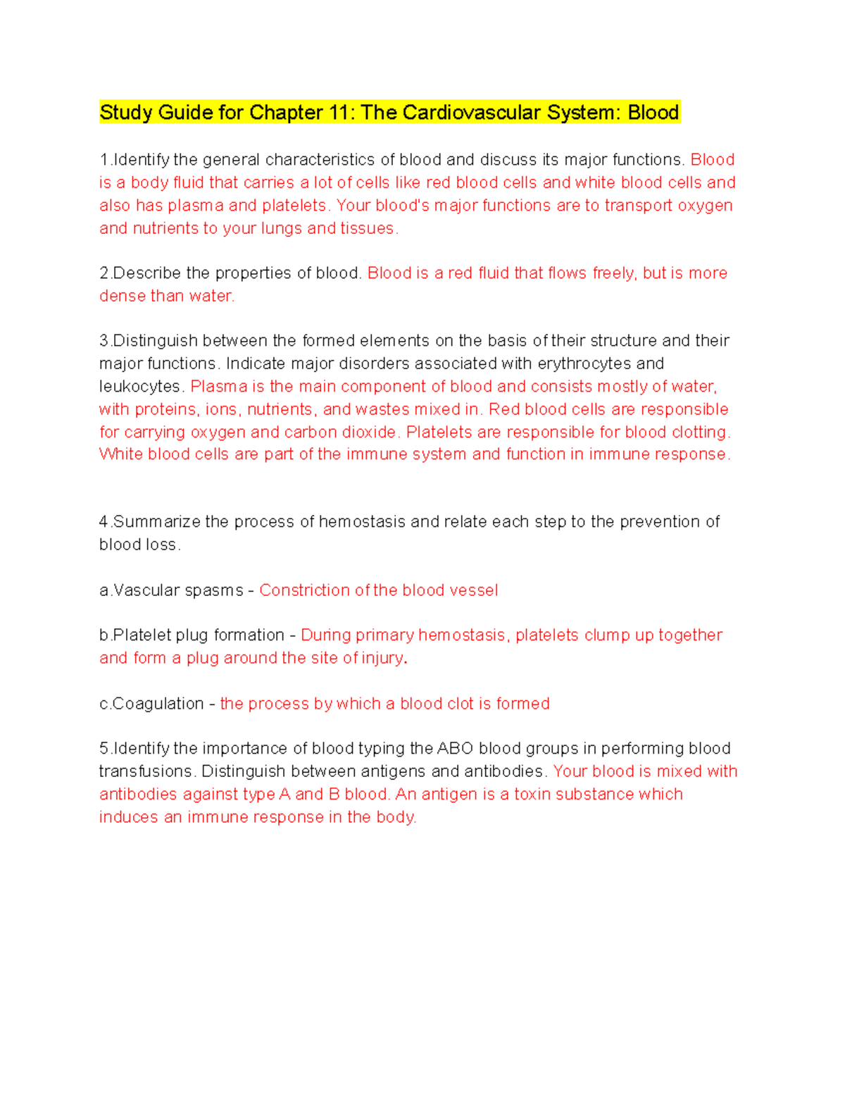 Study Guide for Chapter 11 The Cardiovascular System Blood - Blood is a ...