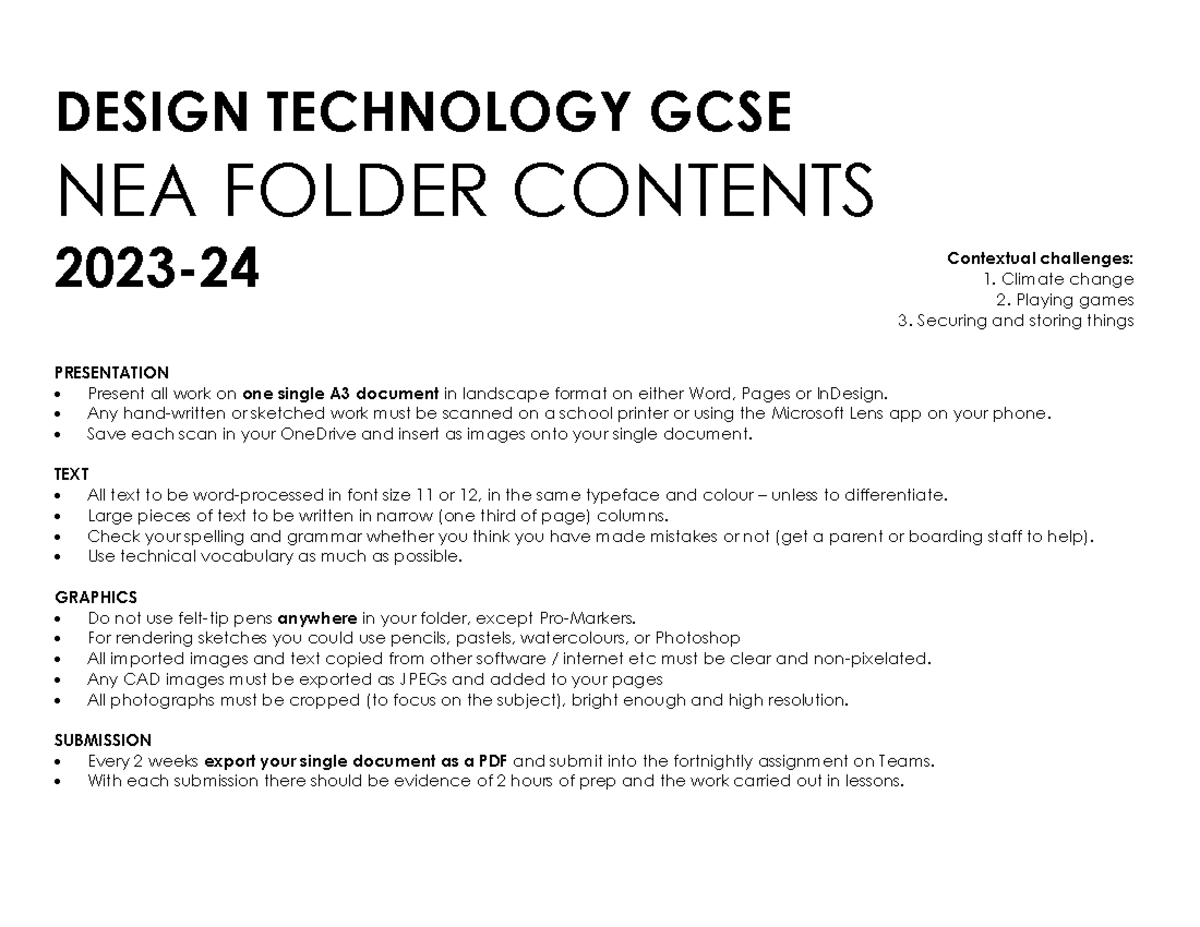 DT NEA 2023-24 guide - DESIGN TECHNOLOGY GCSE NEA FOLDER CONTENTS 2023 - 24 PRESENTATION Present ...