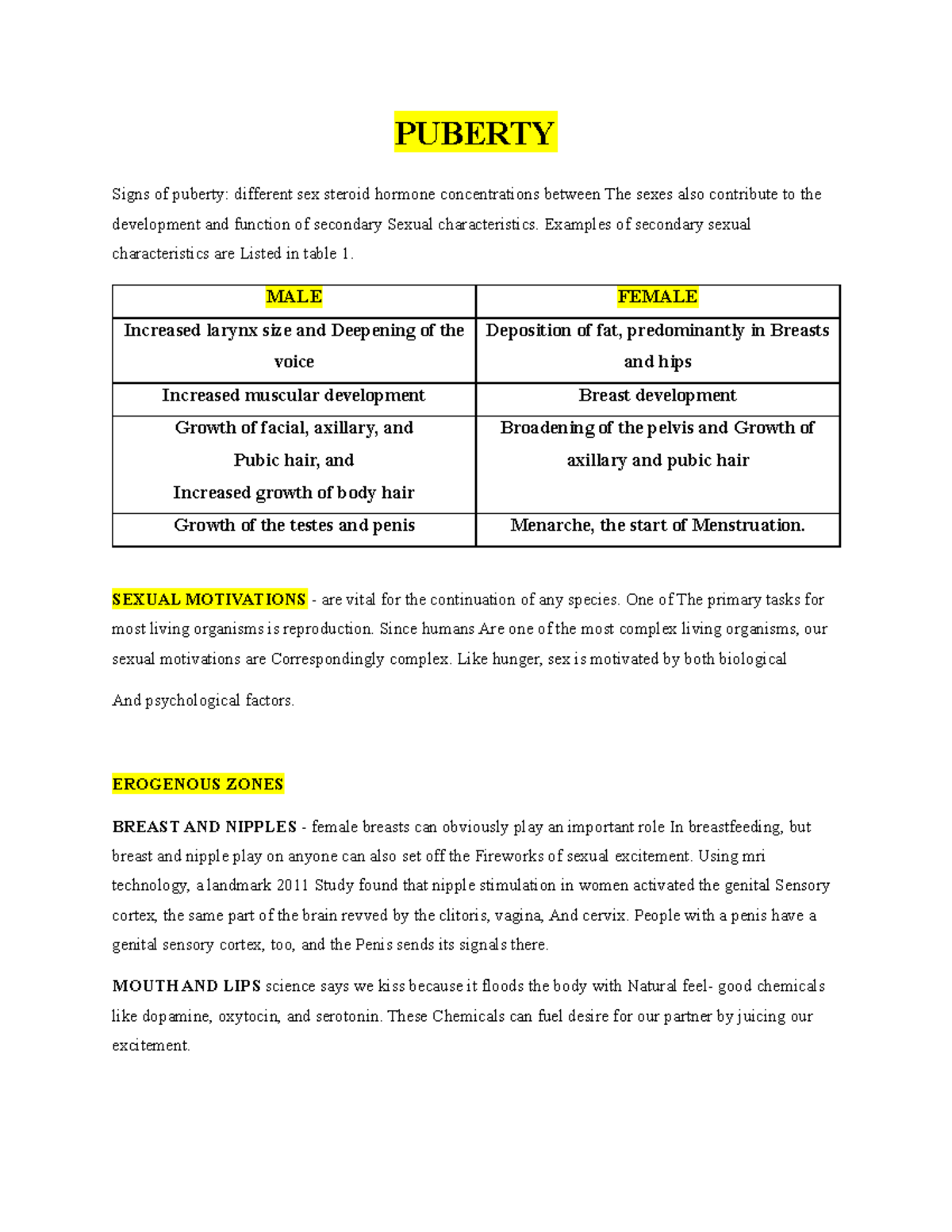 Puberty Notes - PUBERTY Signs of puberty: different sex steroid hormone ...