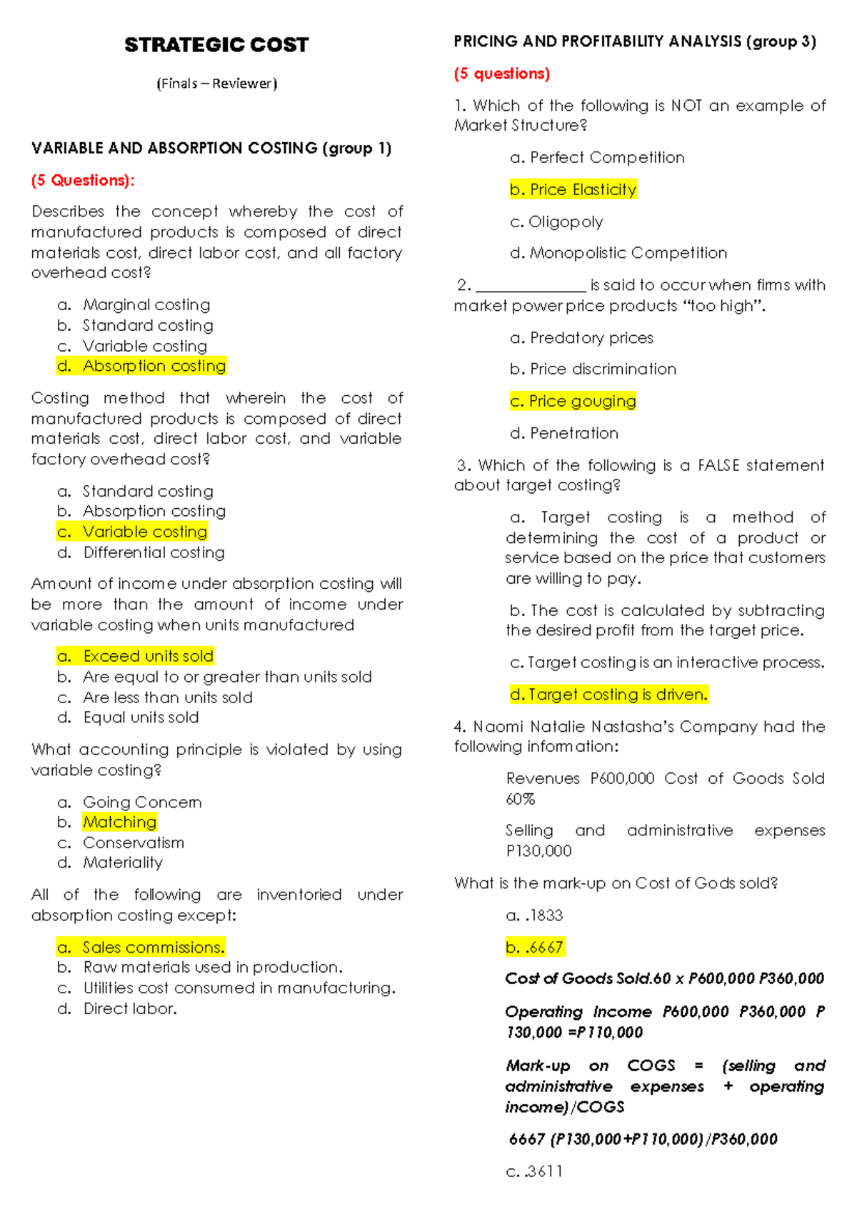 Strat (Finals - Reviewer) - STRATEGIC COST (Finals – Reviewer) VARIABLE AND ABSORPTION COSTING ...