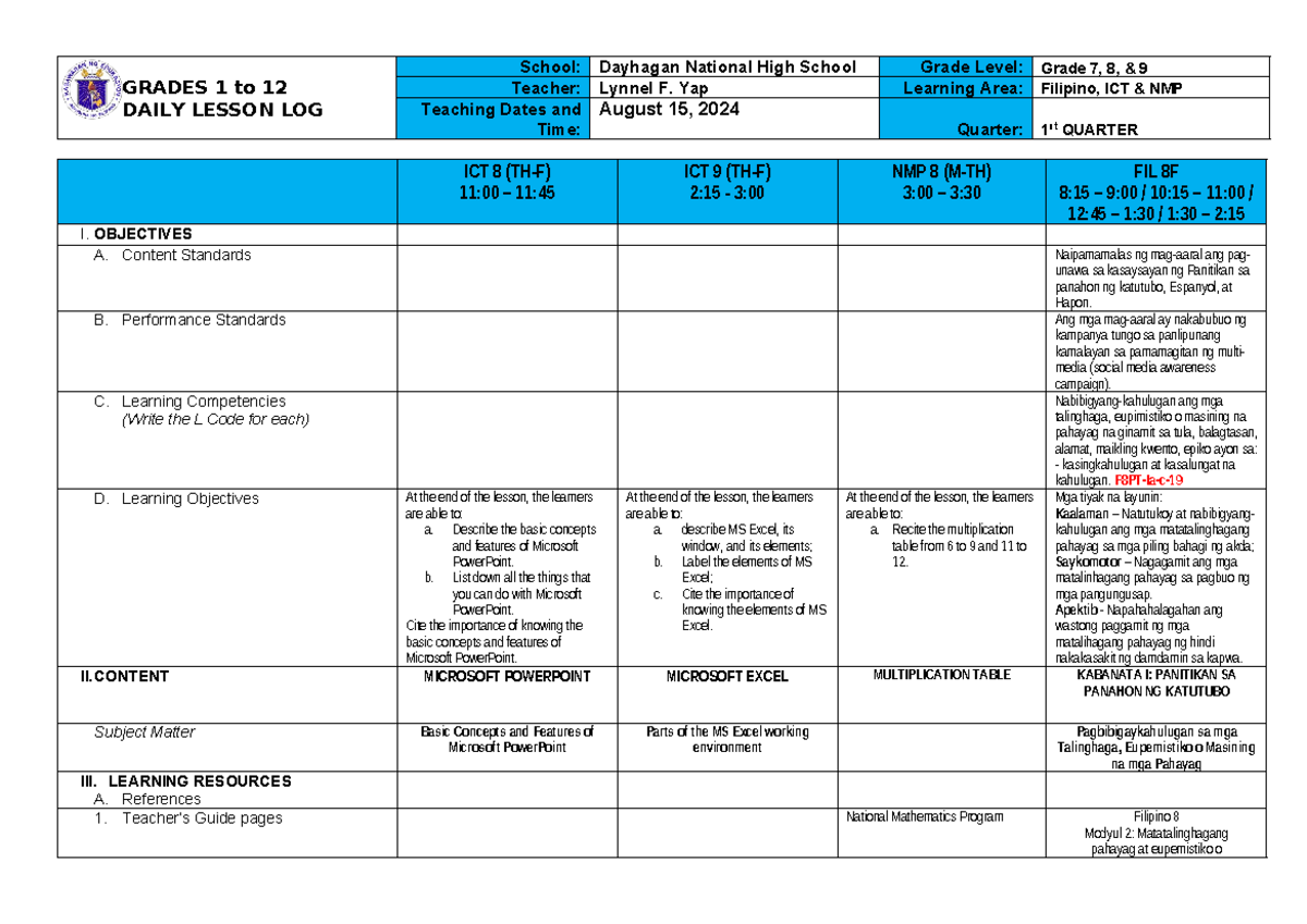 DLL 08 - Daily Lesson Log for ICT and Filipino - GRADES 1 to 12 DAILY ...