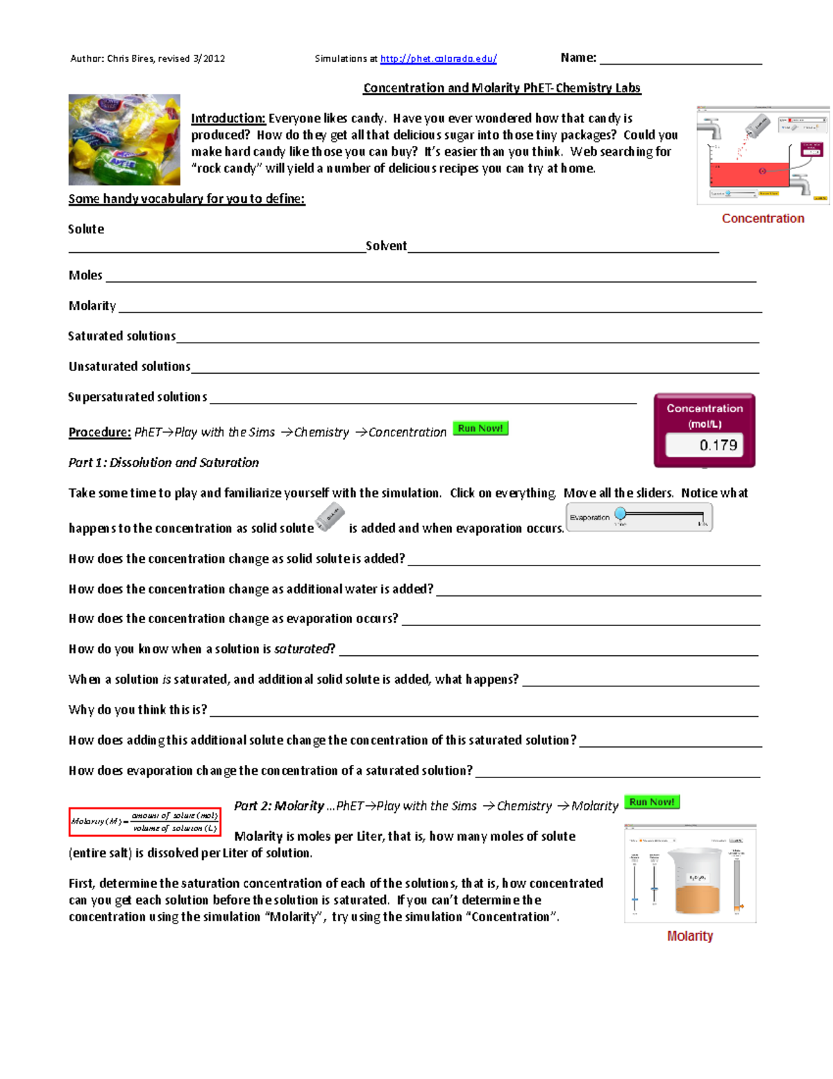 Concentration and Molarity Ph ET Lab Practice - Author: Chris Bires ...