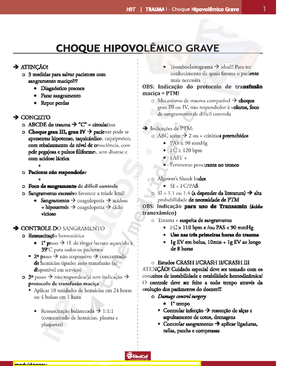 Trauma I Choque hipovolêmico grave - cirurgia - Studocu
