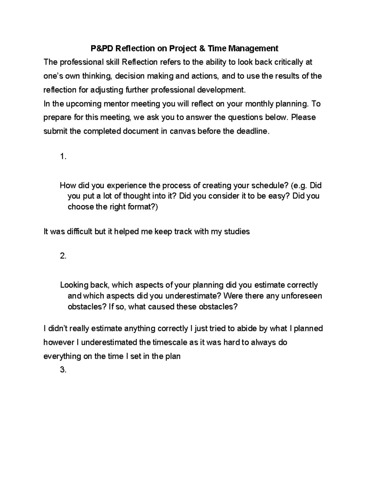 Calendar reflection - Important - P&PD Reflection on Project & Time ...