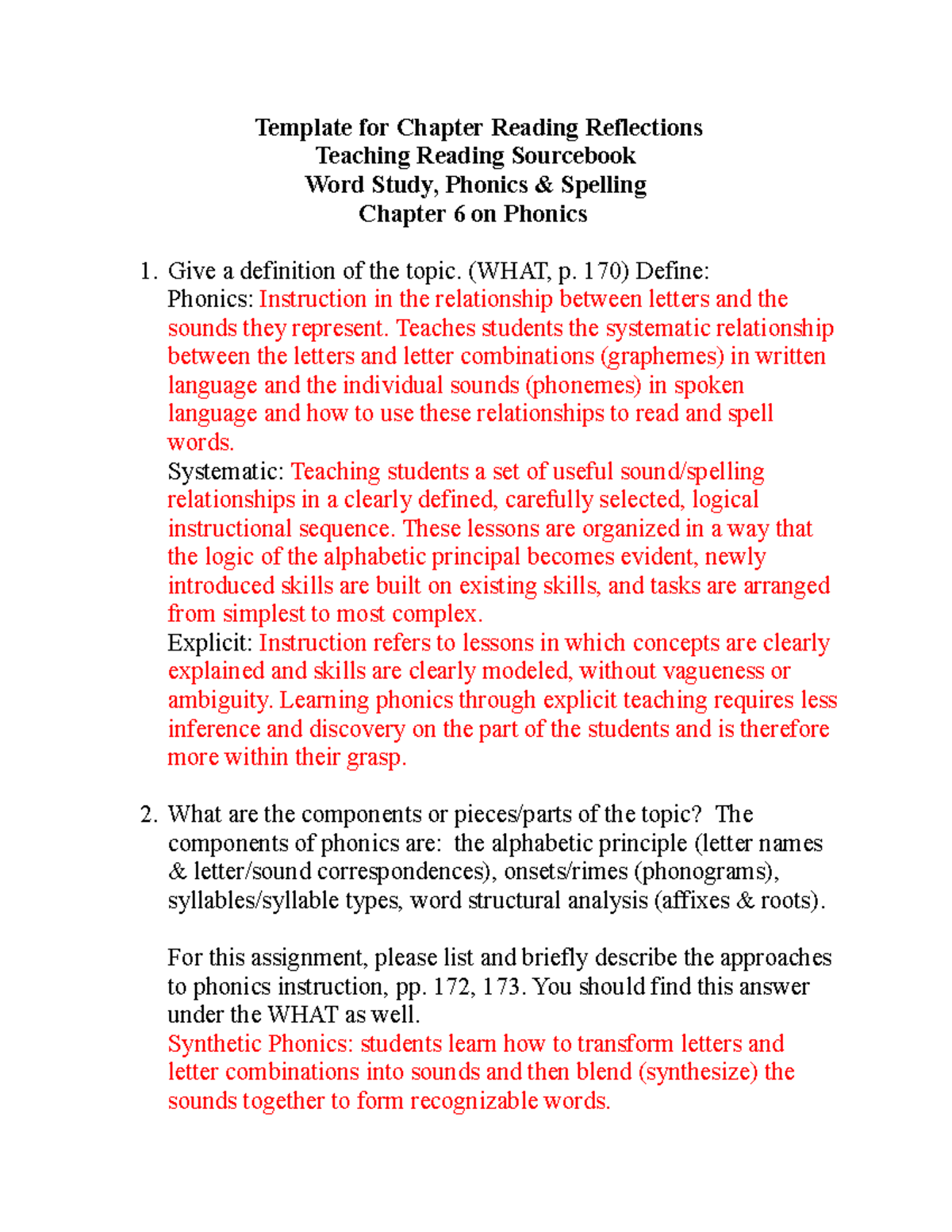 Template for Chapter 6 Reading Reflection #2 TRS Phonics - Template for ...