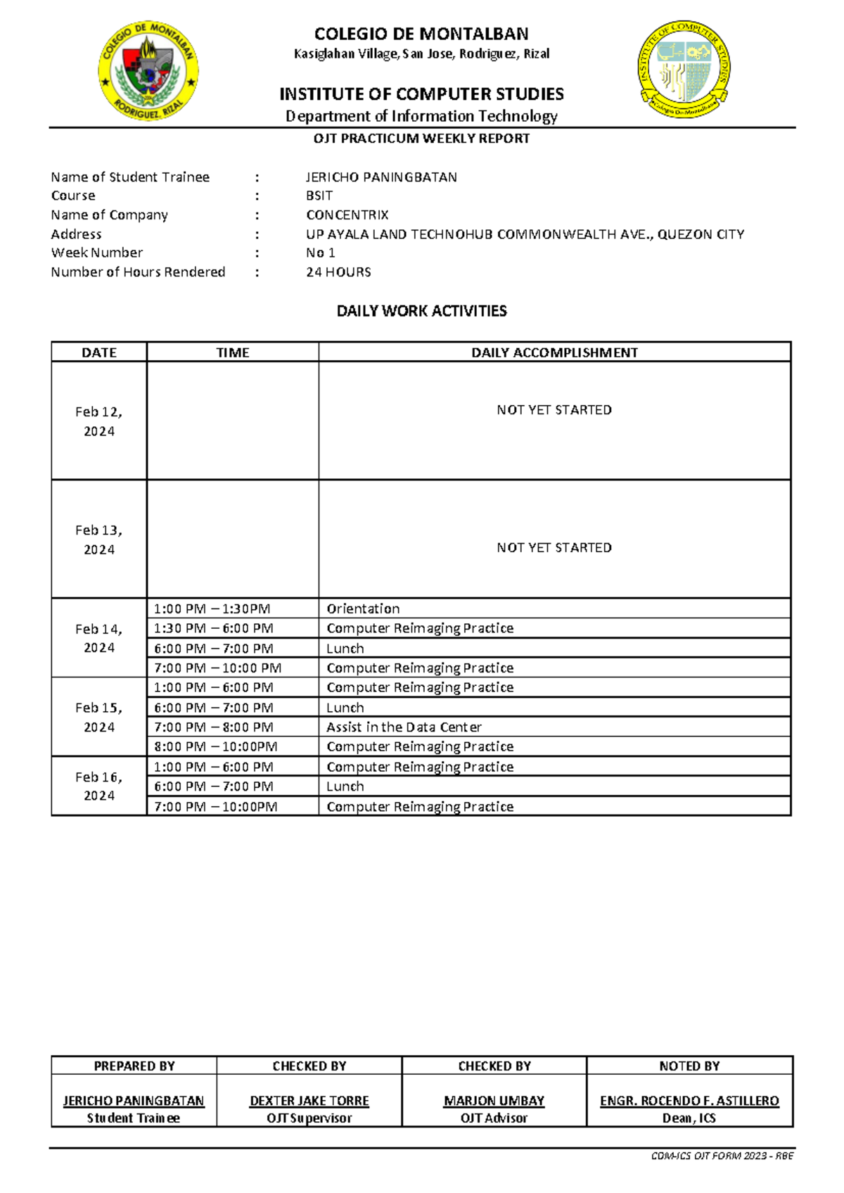 Weekly- Report-WEEK 1 - COLEGIO DE MONTALBAN Kasiglahan Village, San ...